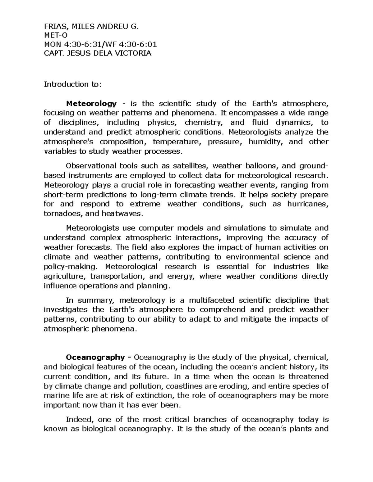 METO 101: Introduction to Meteorology and Oceanography Project 1 - Studocu