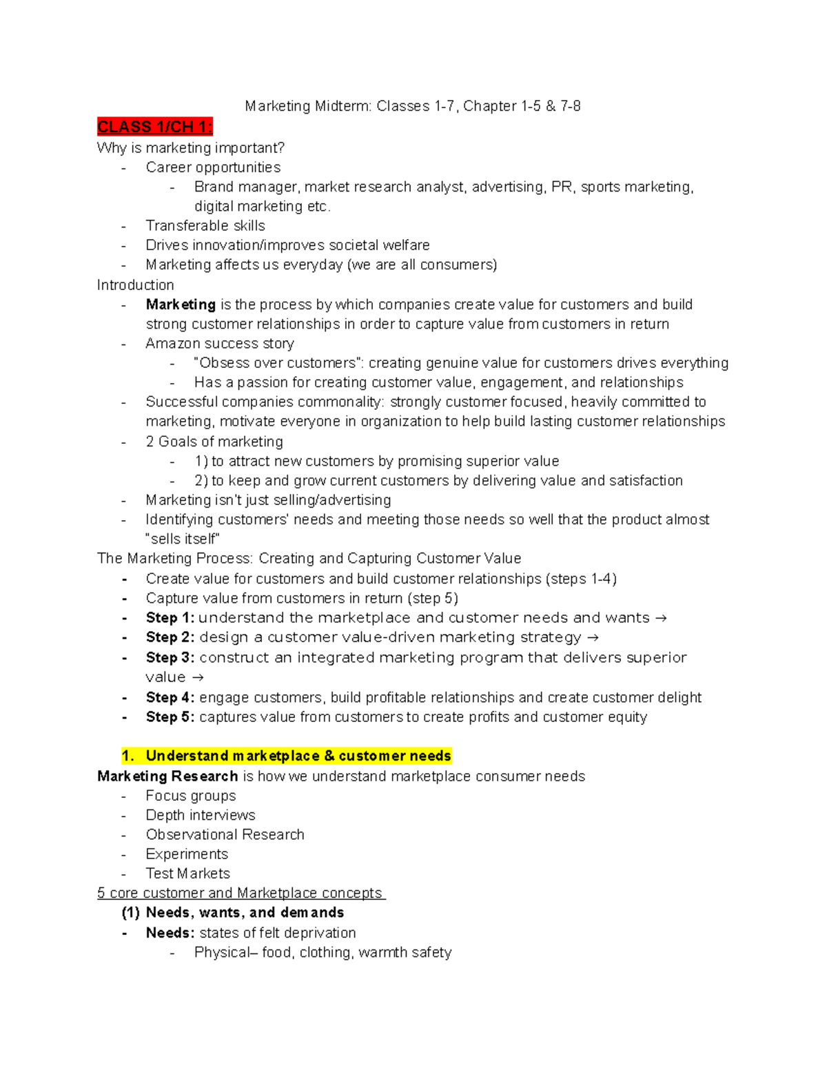 Marketing Midterm Review: Classes 1-7, Chapters 1-5 & 7 Insights - Studocu