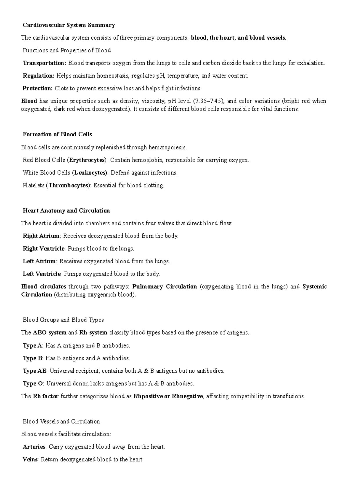 Cardiovascular System Overview: Key Functions and Anatomy - Studocu