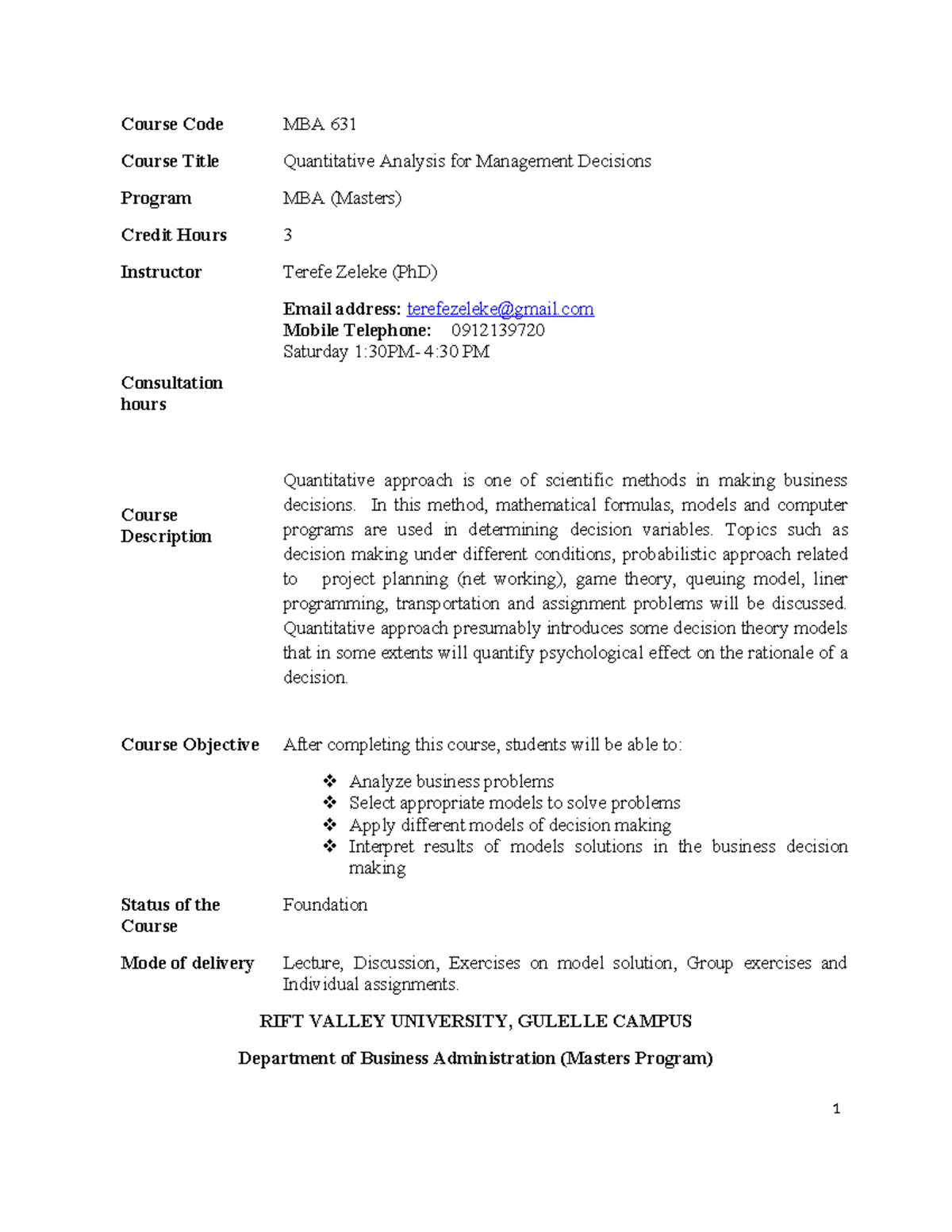 MBA 631 Quantitative Analysis for Management Decisions Course Outline ...