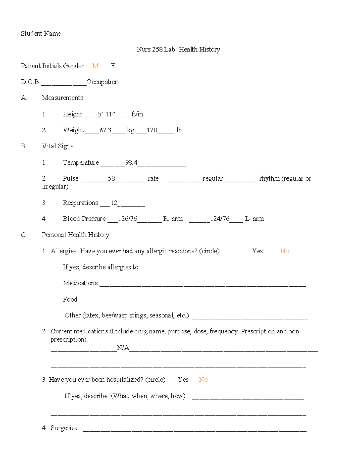 NURS 258 Lab: Health History Patient Assessment Write-Up - Studocu