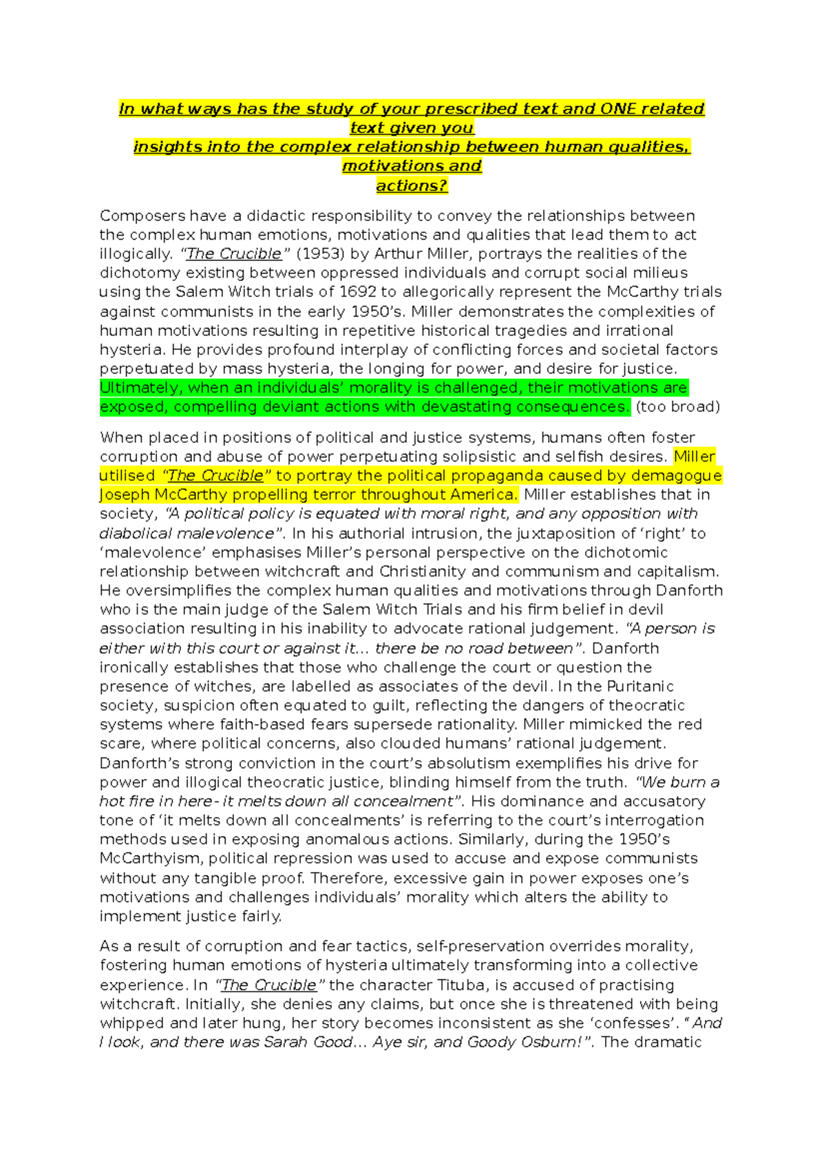 The Crucible Essay Analysis: Human Qualities & Motivations (Year 12 ...
