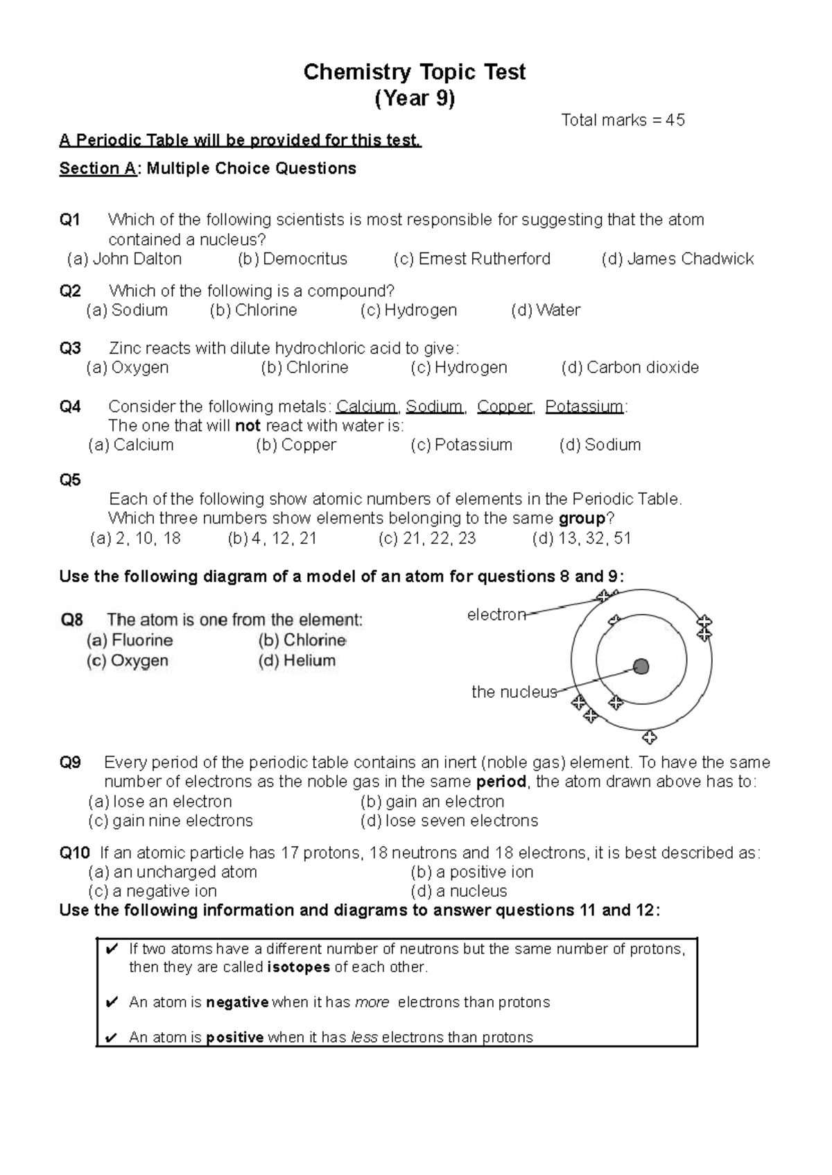 Chemistry Topic Test (Year 9): Understanding Chemical Reactions - Studocu