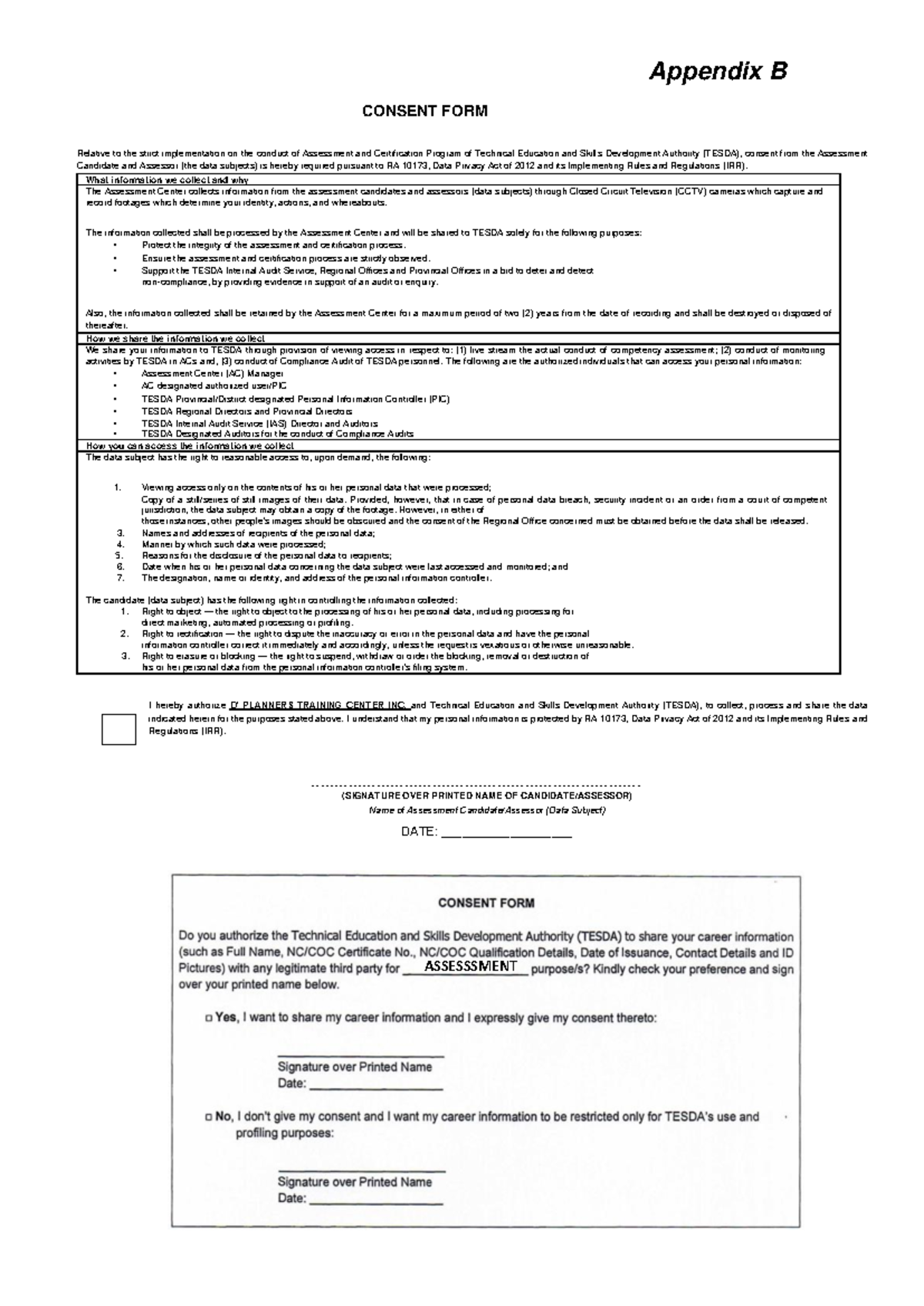 Appendix B: Consent Form for CCTV Monitoring - TESDA Compliance - Studocu