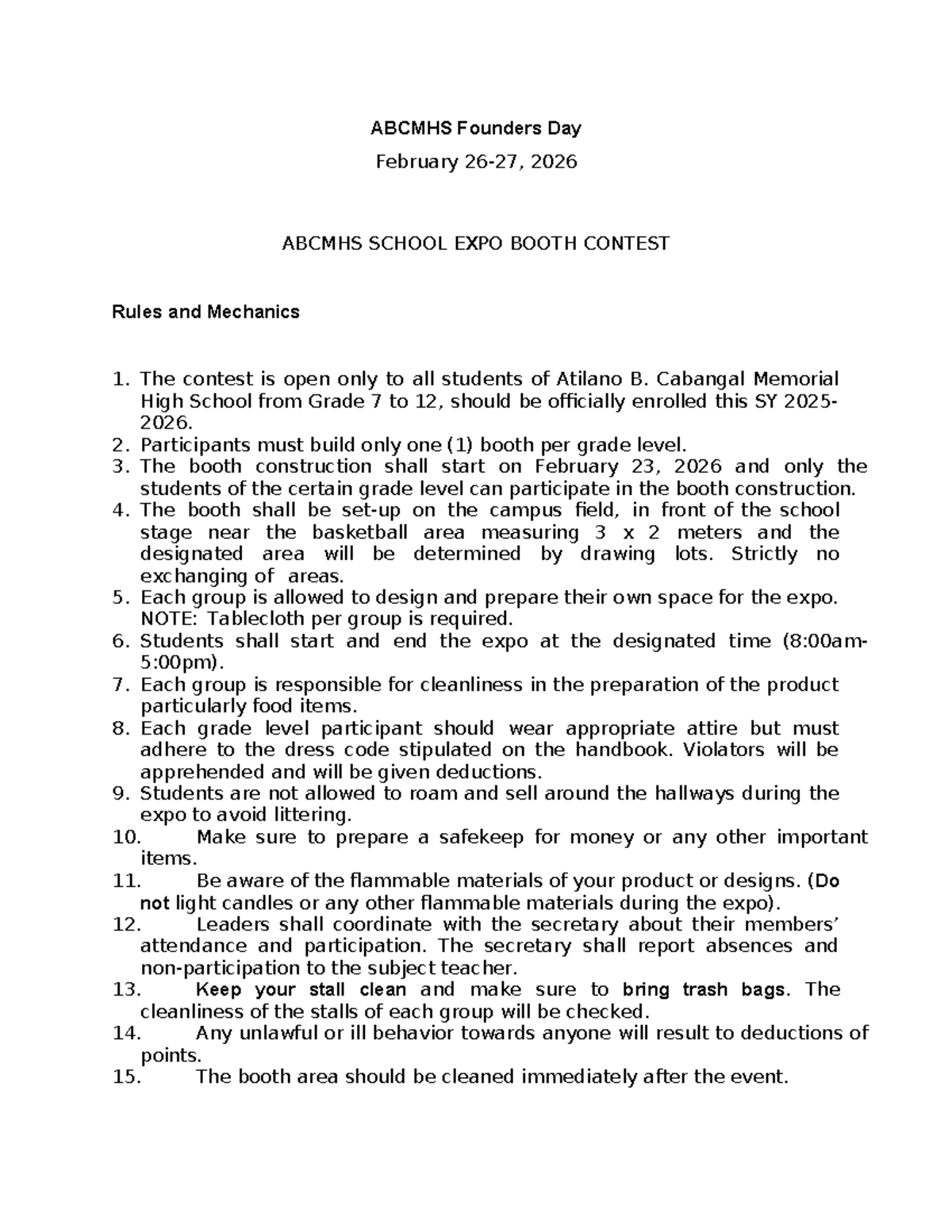 ABCMHS Founders Day 2026: Expo Booth Contest Guidelines - Studocu