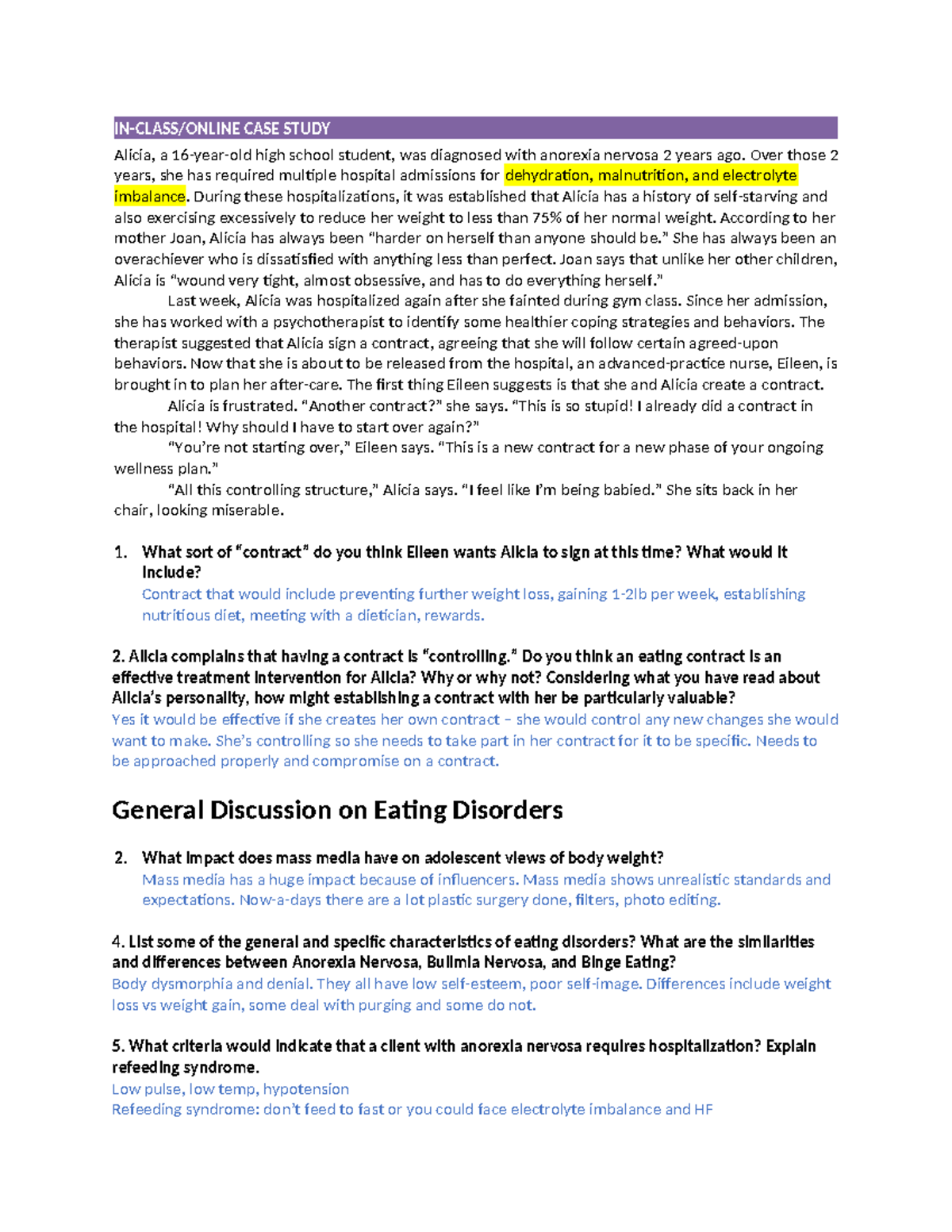 344 Anorexia Nervosa Case Study & Treatment Discussion Notes - Studocu