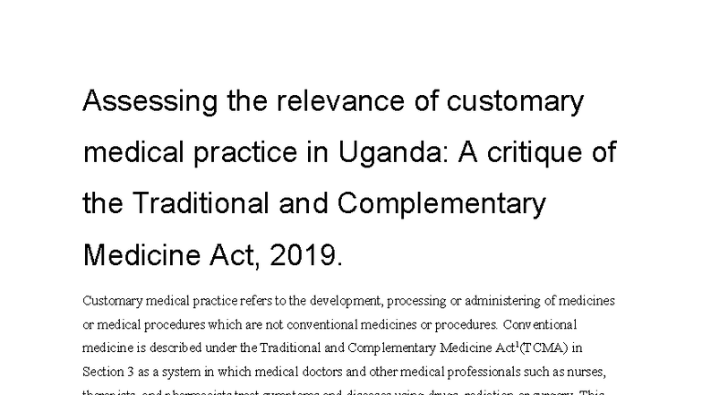 TCMA 2019: Evaluating Customary Medical Practices in Uganda - Studocu