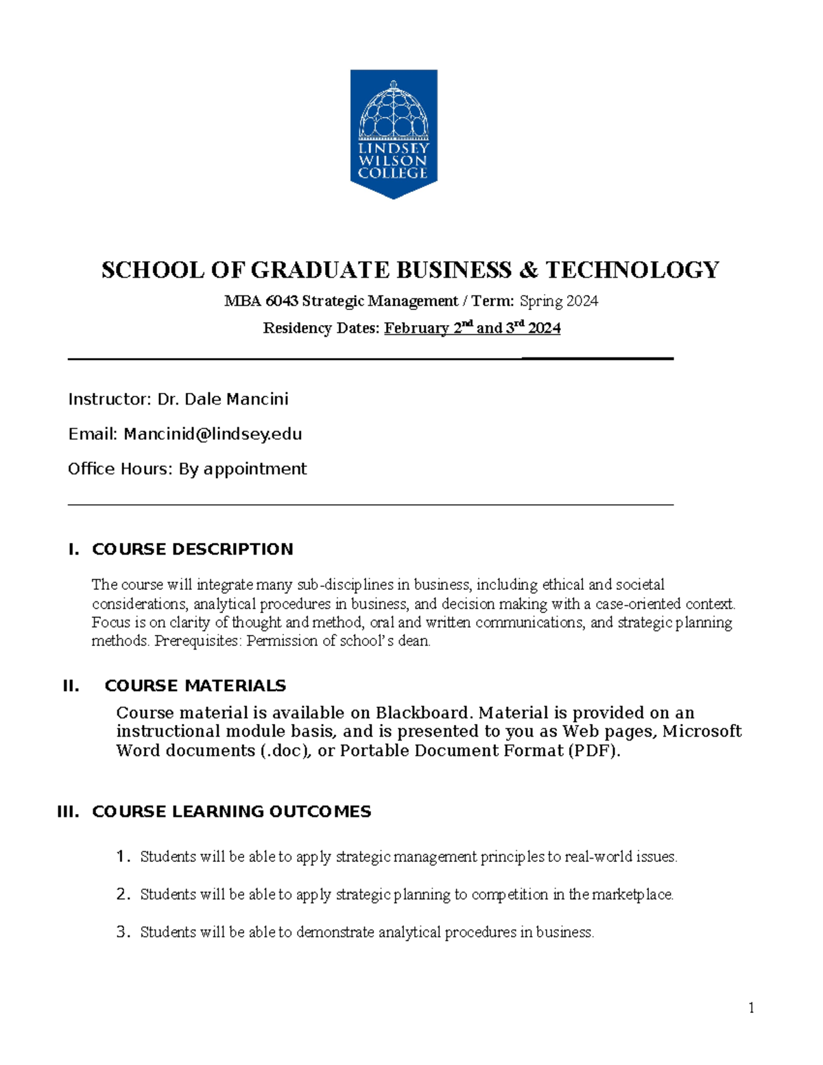 MBA 6043 Strategic Management Spring 2024 Detailed Syllabus - Studocu