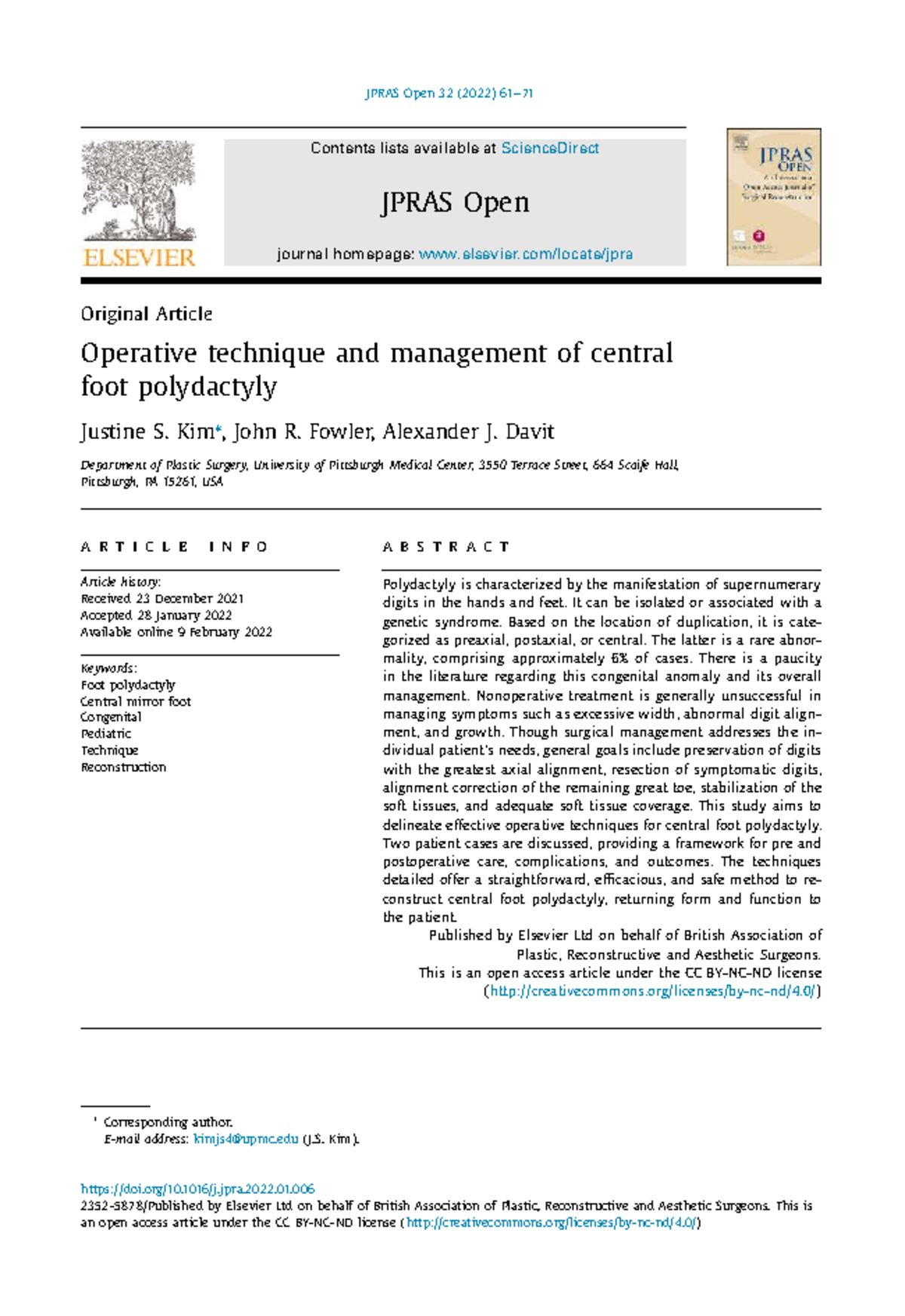 Operative Techniques for Central Foot Polydactyly: JPRAS Open 32 (2022 ...