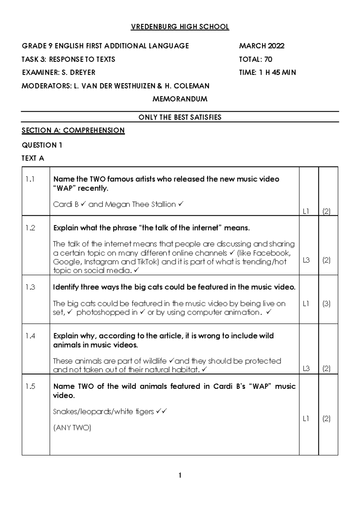 Grade 9 English First Additional Language Task 3: Response to Texts ...