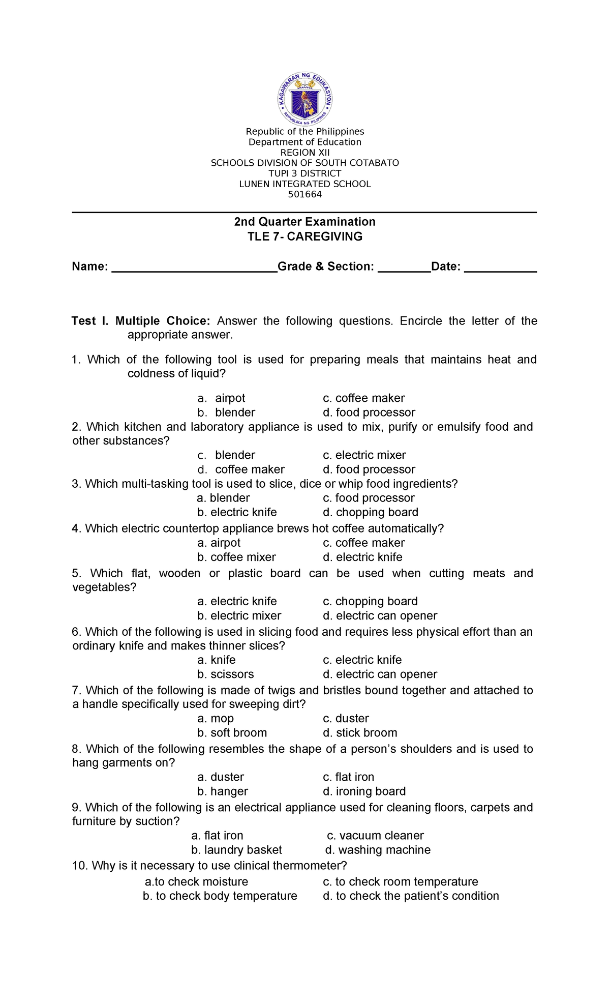 TLE 7: 2nd Quarter Caregiving Exam - 2024 Review Sheet - Studocu