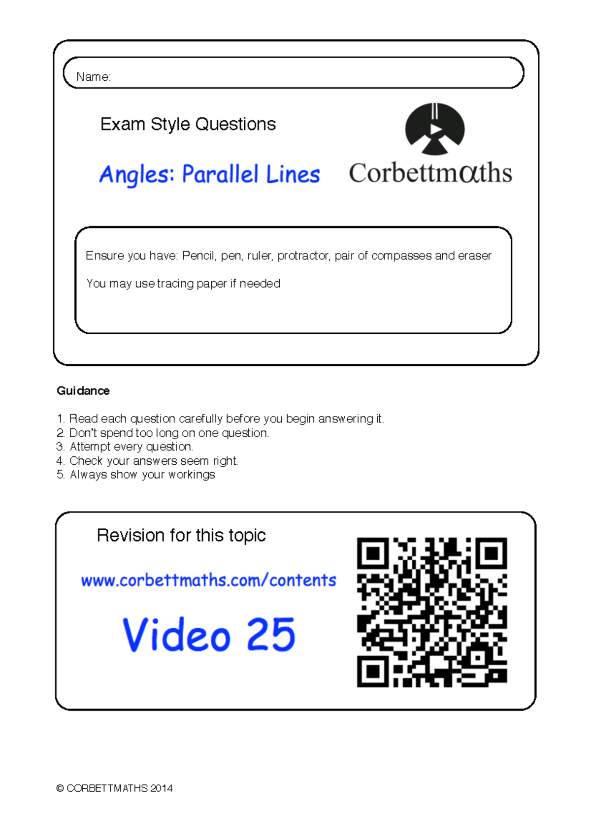 Exam Style Questions on Angles and Parallel Lines (CORBETTMATHS) - Studocu