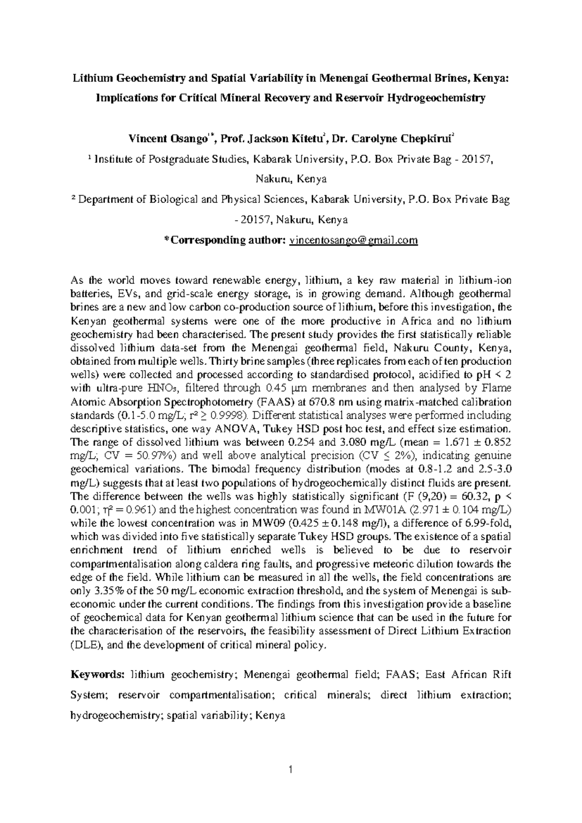 Lithium Geochemistry in Menengai Geothermal Brines: Impacts on Mineral ...