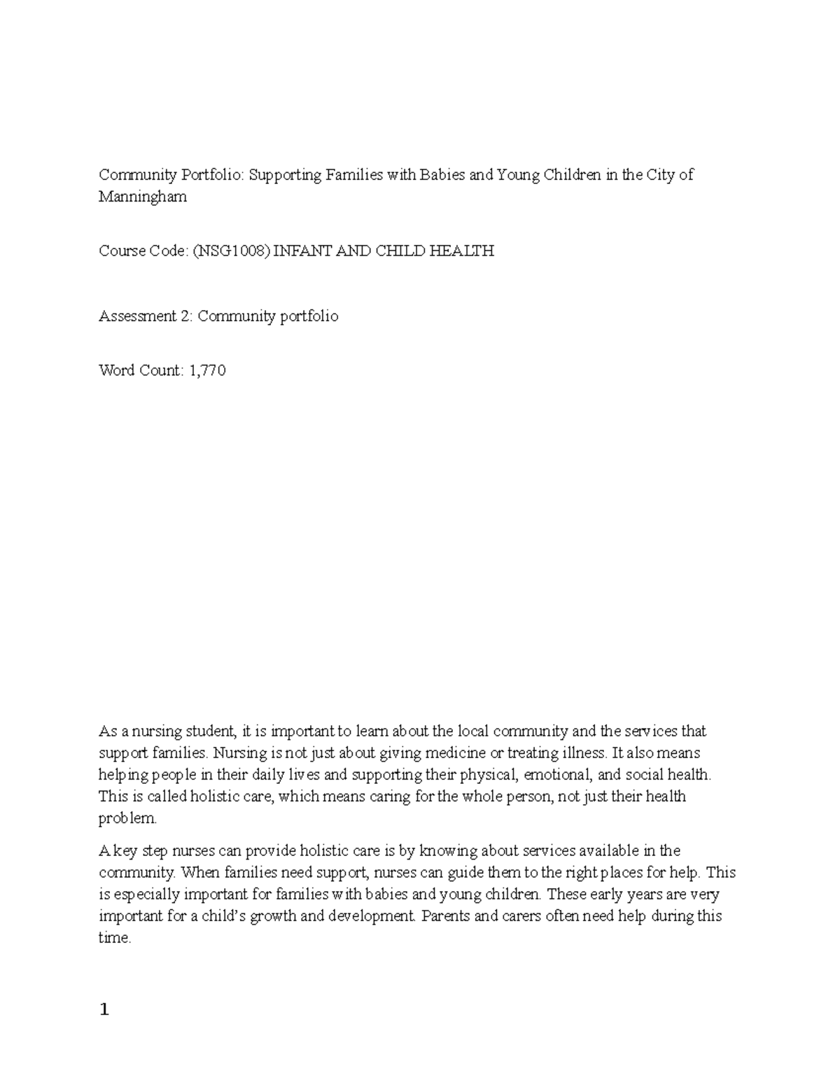 Community Portfolio: Supporting Families with Young Children (NSG1008 ...