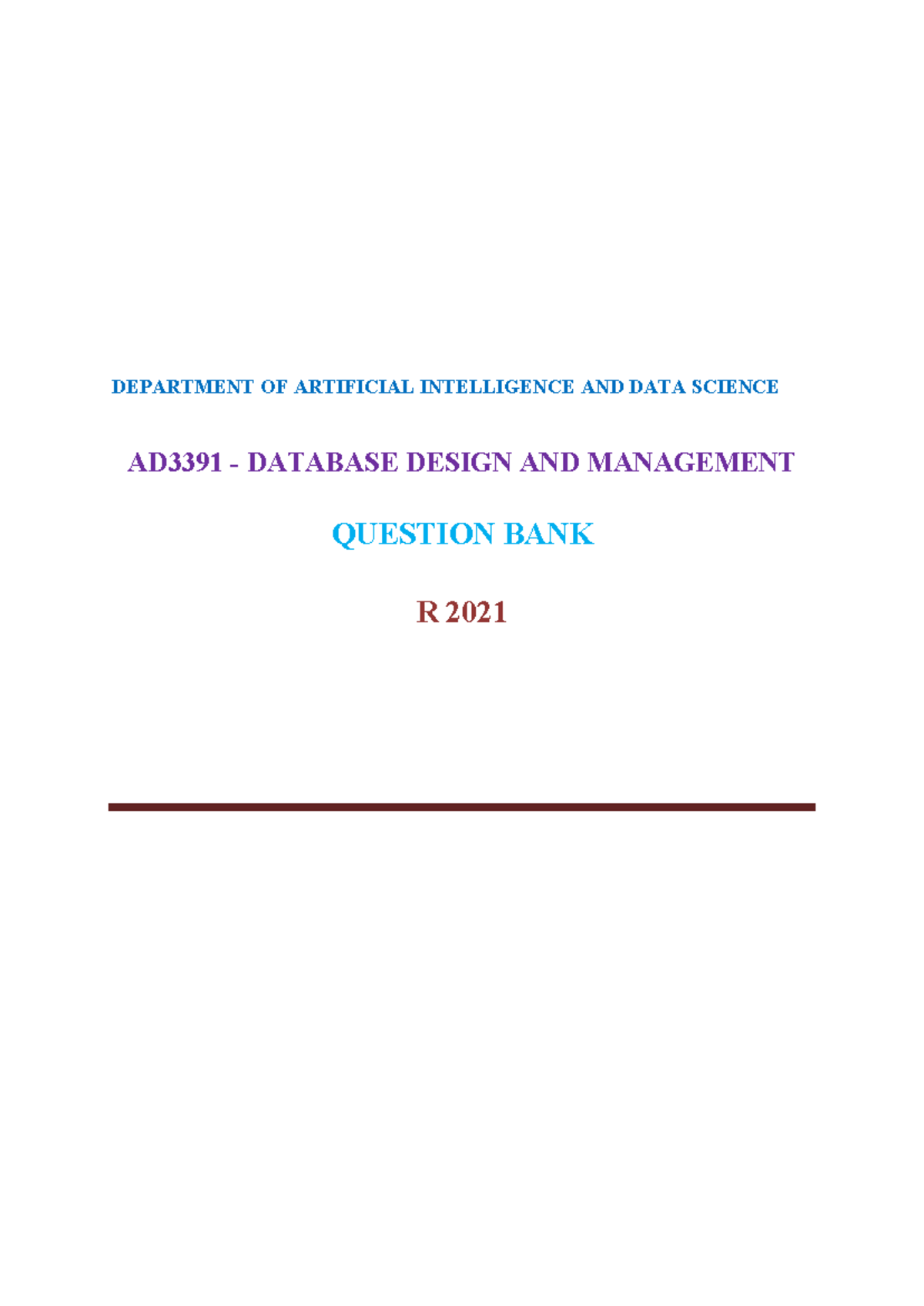 AD3391 Database Design and Management: Key Questions and Concepts - Studocu