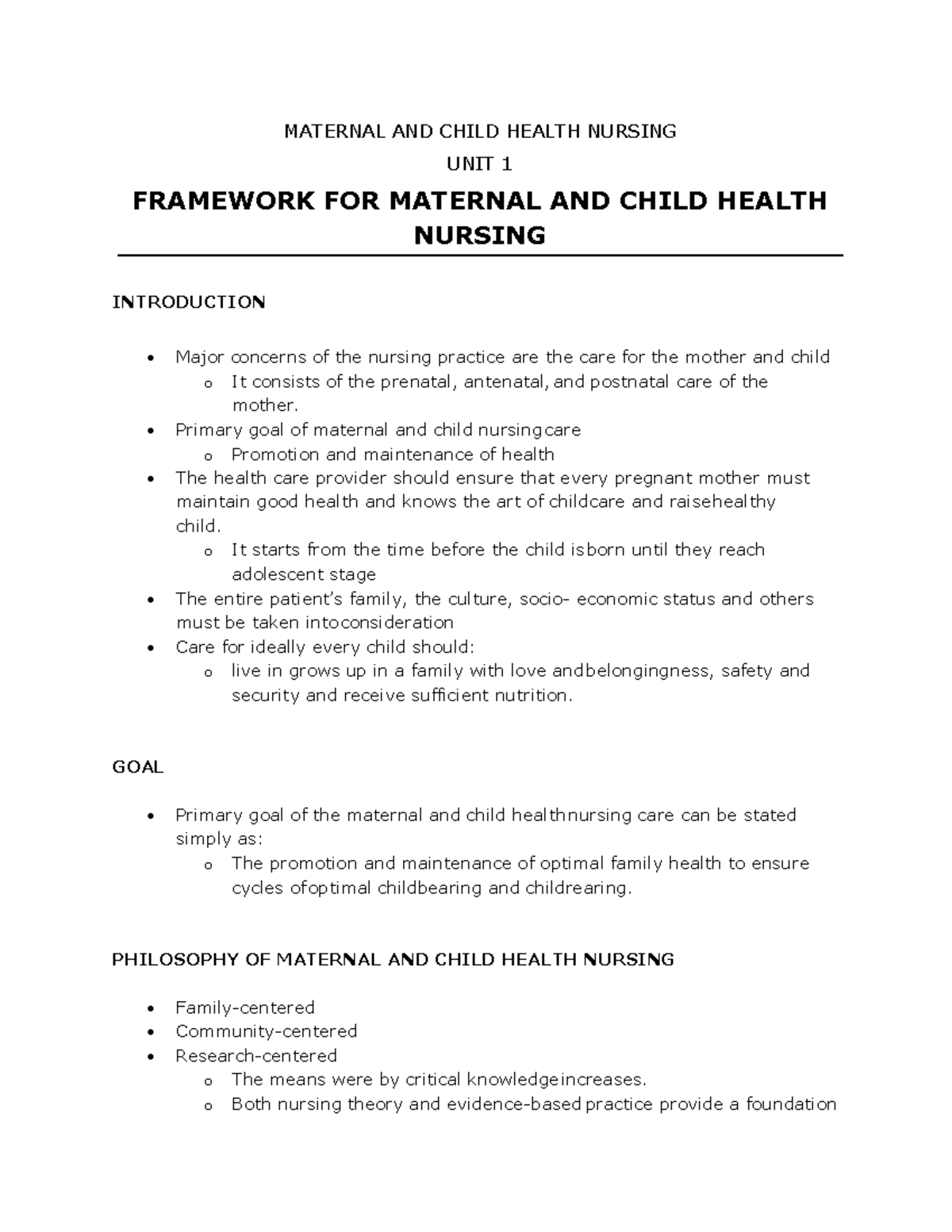 Framework for Maternal and Child Nursing Care (MCH 101) - Studocu