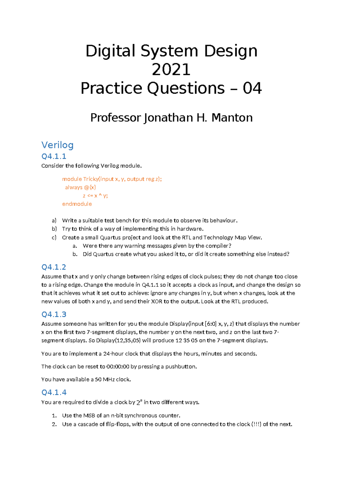 Digital System Design Practice Questions - 04 (ENGR 410) - Studocu