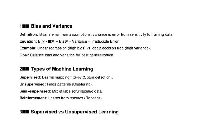 ML Answers Q1 to Q10: Bias, Variance, and Learning Types - Studocu