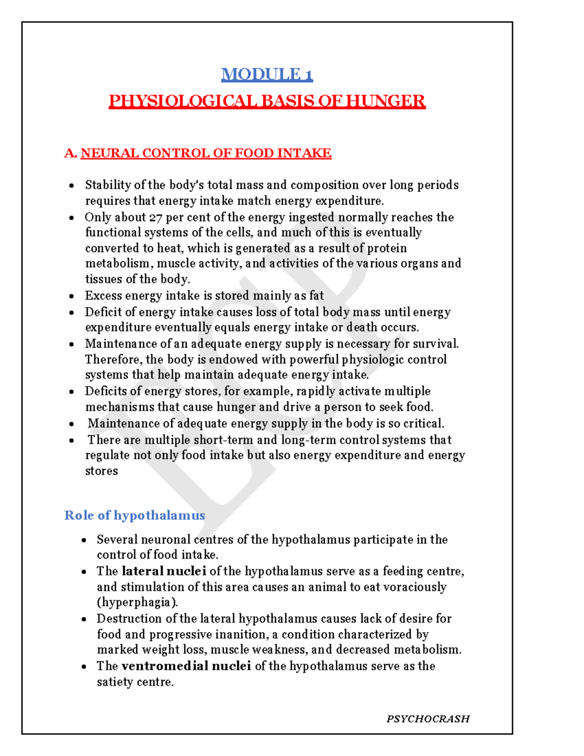 MODULE 1: PHYSIOLOGICAL BASIS OF HUNGER - NEURAL CONTROL OF FOOD INTAKE ...