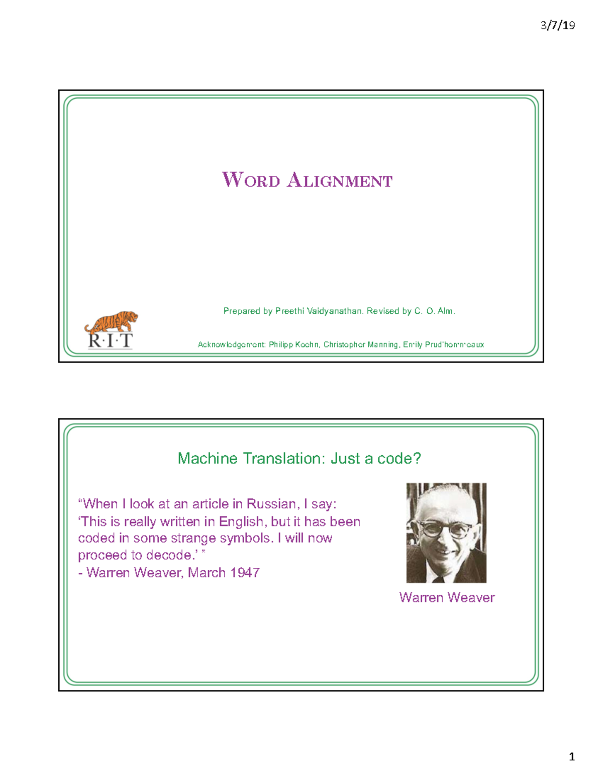 (10) Word Alignment B - Lecture 10 notes - WORD ALIGNMENT Prepared by ...
