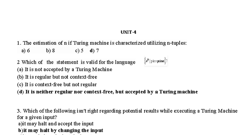 Unit-4 - FLA Turing Machine Question Bank and Answers - Studocu