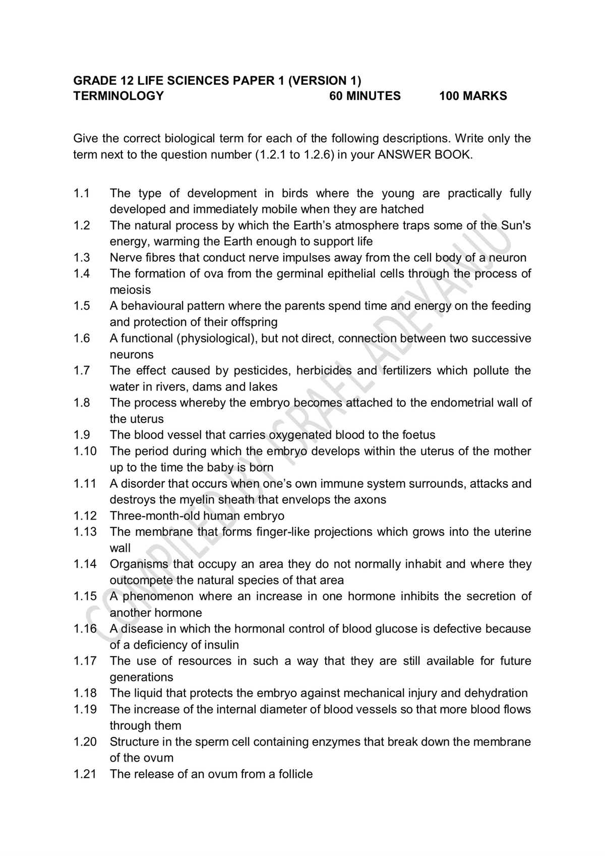 LS P1 Final Exam Terminology Study Notes for Grade 12 Life Sciences ...