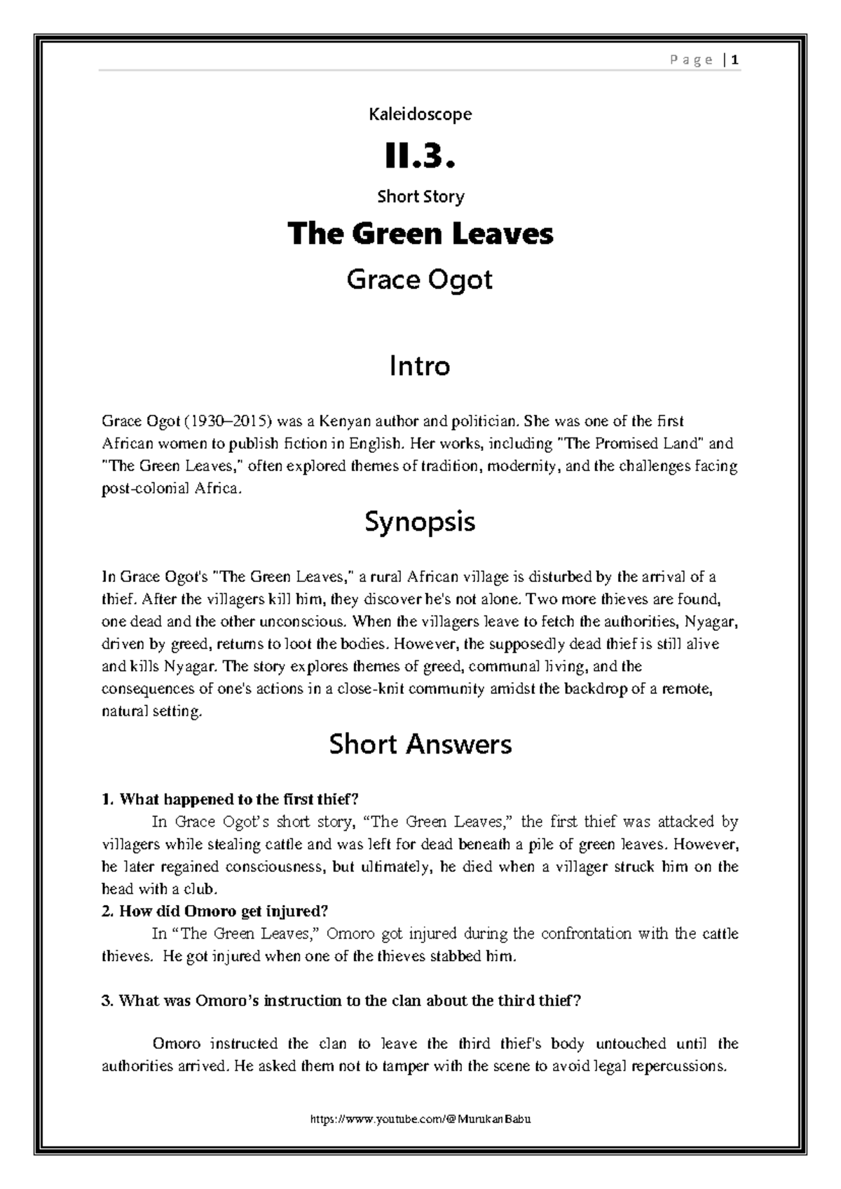 ENG 201: The Green Leaves - Complete Study Notes and Analysis - Studocu