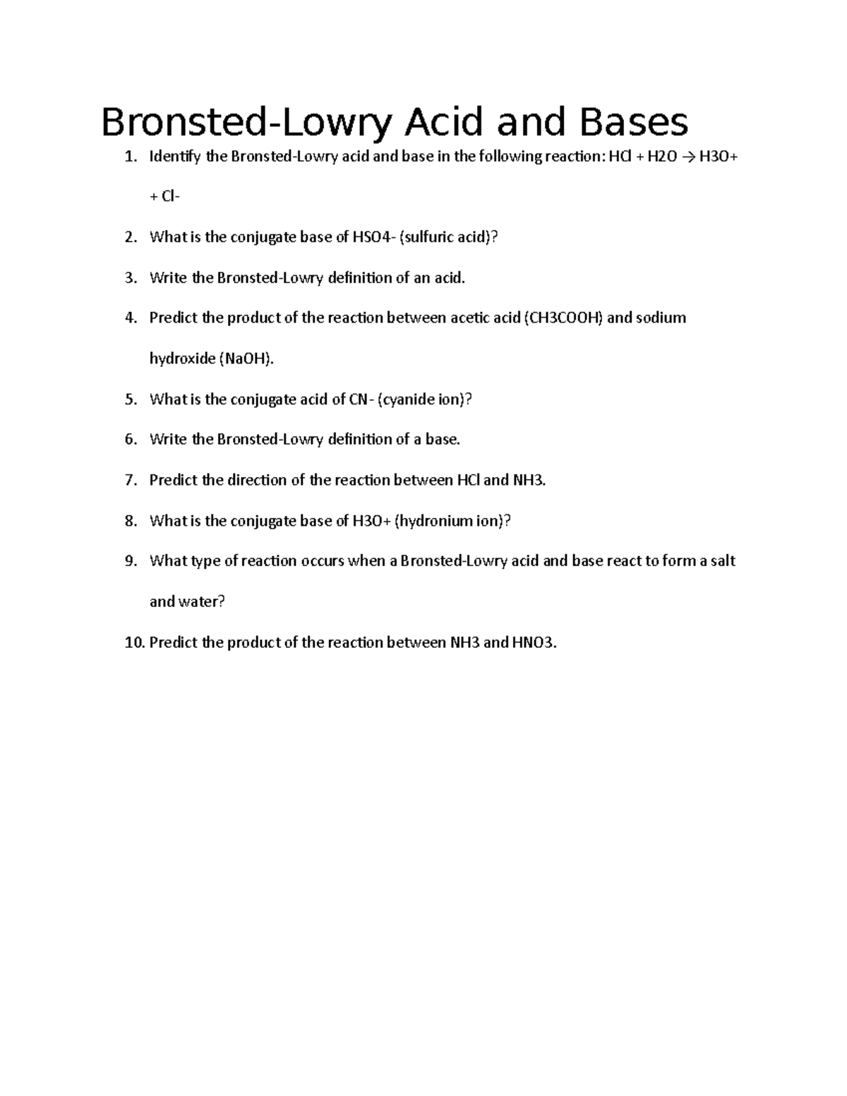 Bronsted-Lowry Acids and Bases: Key Concepts and Reactions - Studocu
