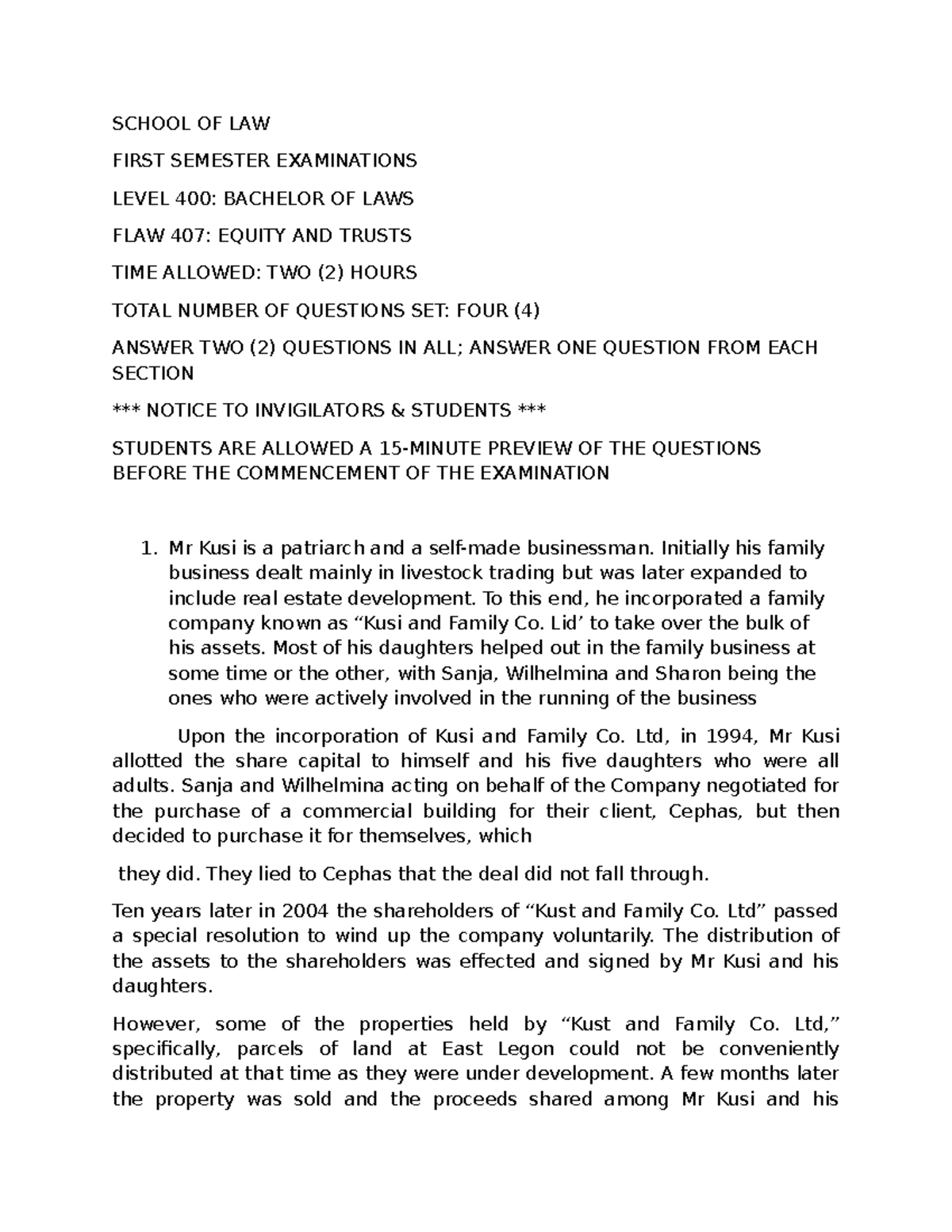 FLAW 407: Equity and Trusts - Past Exam Questions for Level 400 - Studocu