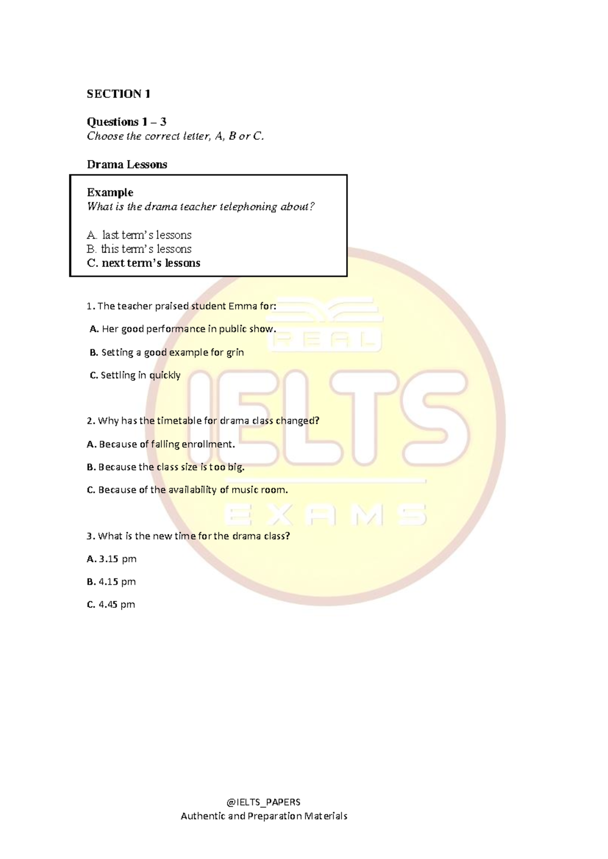 Drama Lessons Section 1 Quiz: Questions 1-3 Analysis - Studocu