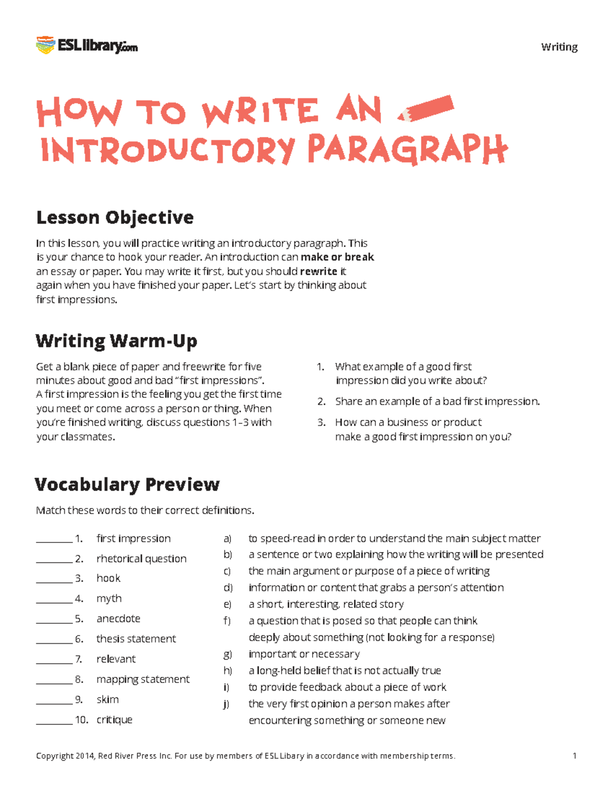 Writing Introductory Paragraphs: ESL Lesson Plan (Intermediate) - Studocu