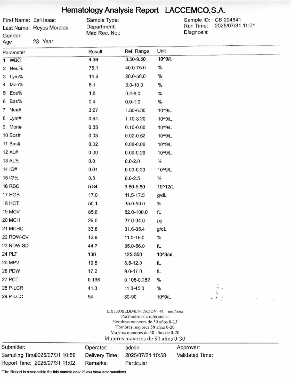 Hematology Analysis Report - CB 294641 - LACCEMCO - Studocu