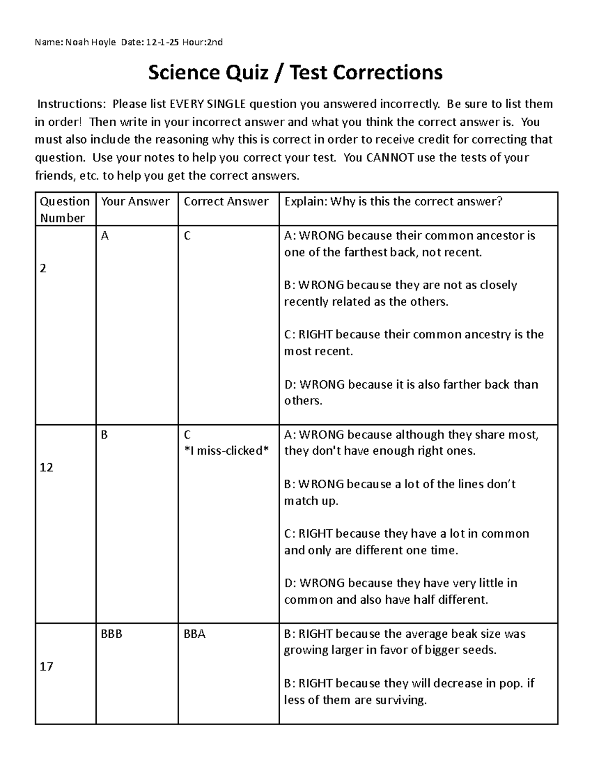 Biology Quiz Test Corrections (Hour 2) - Noah Hoyle - Studocu