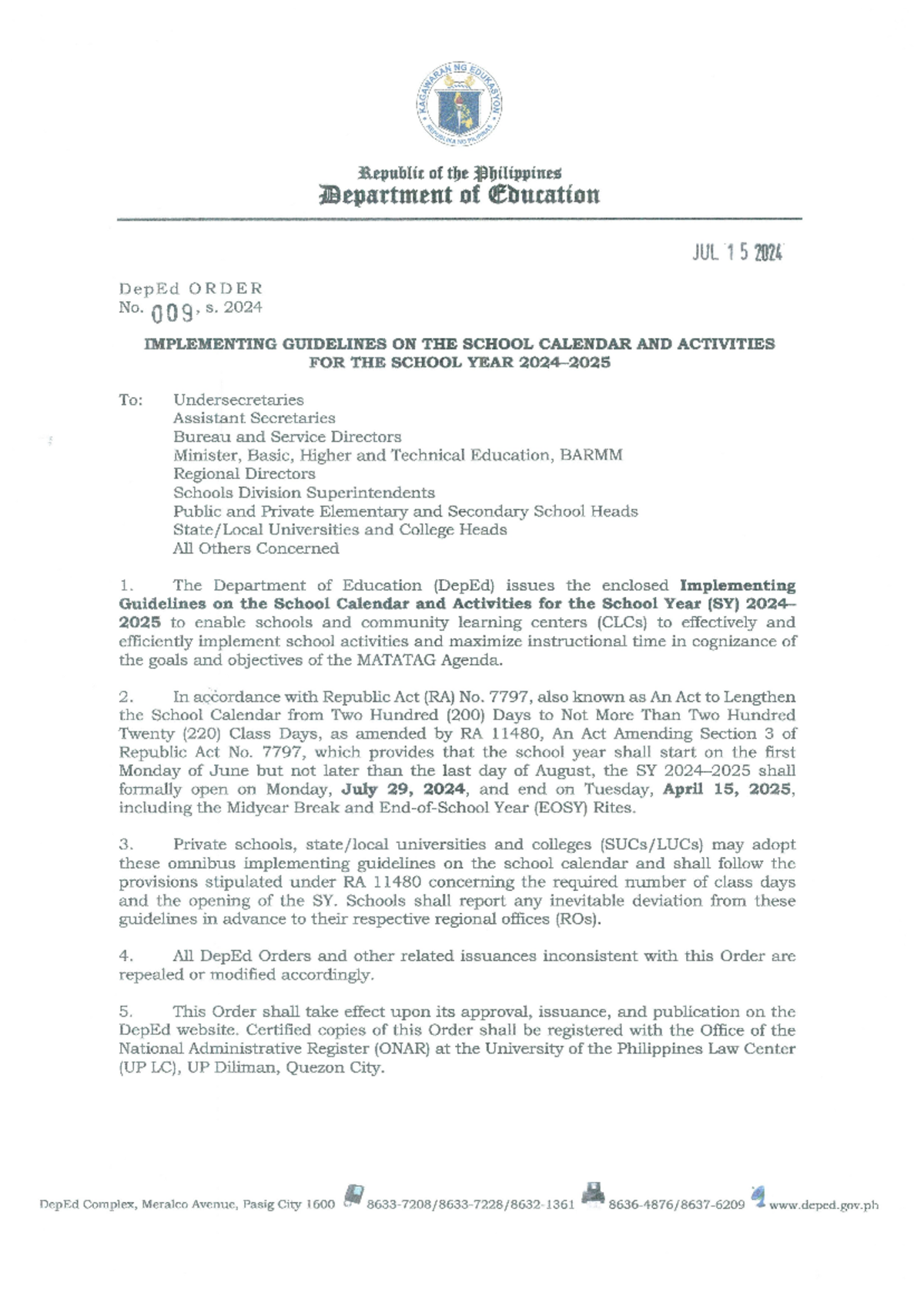 DepEd Order No. 009 S. 2024: Guidelines for School Calendar ...