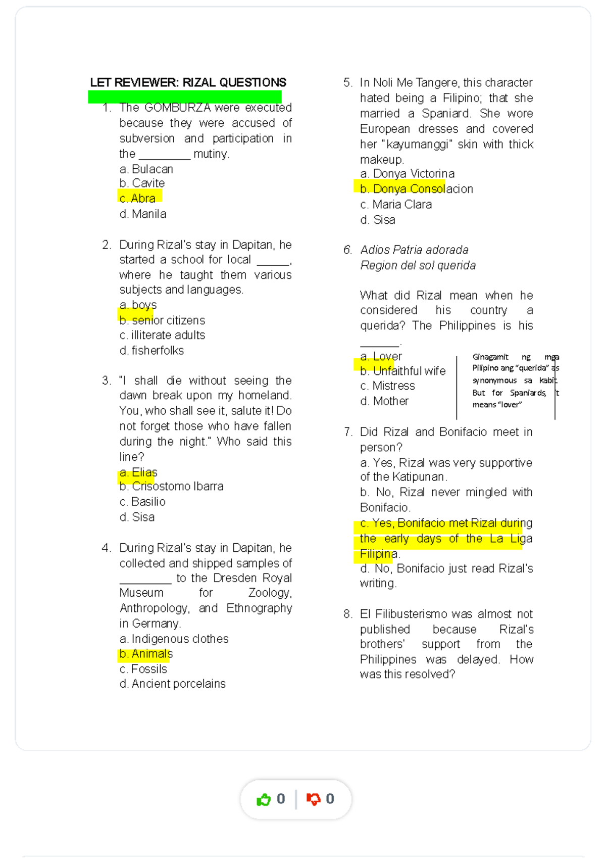 LET REVIEWER: RIZAL QUESTIONS AND ANSWERS - Studocu