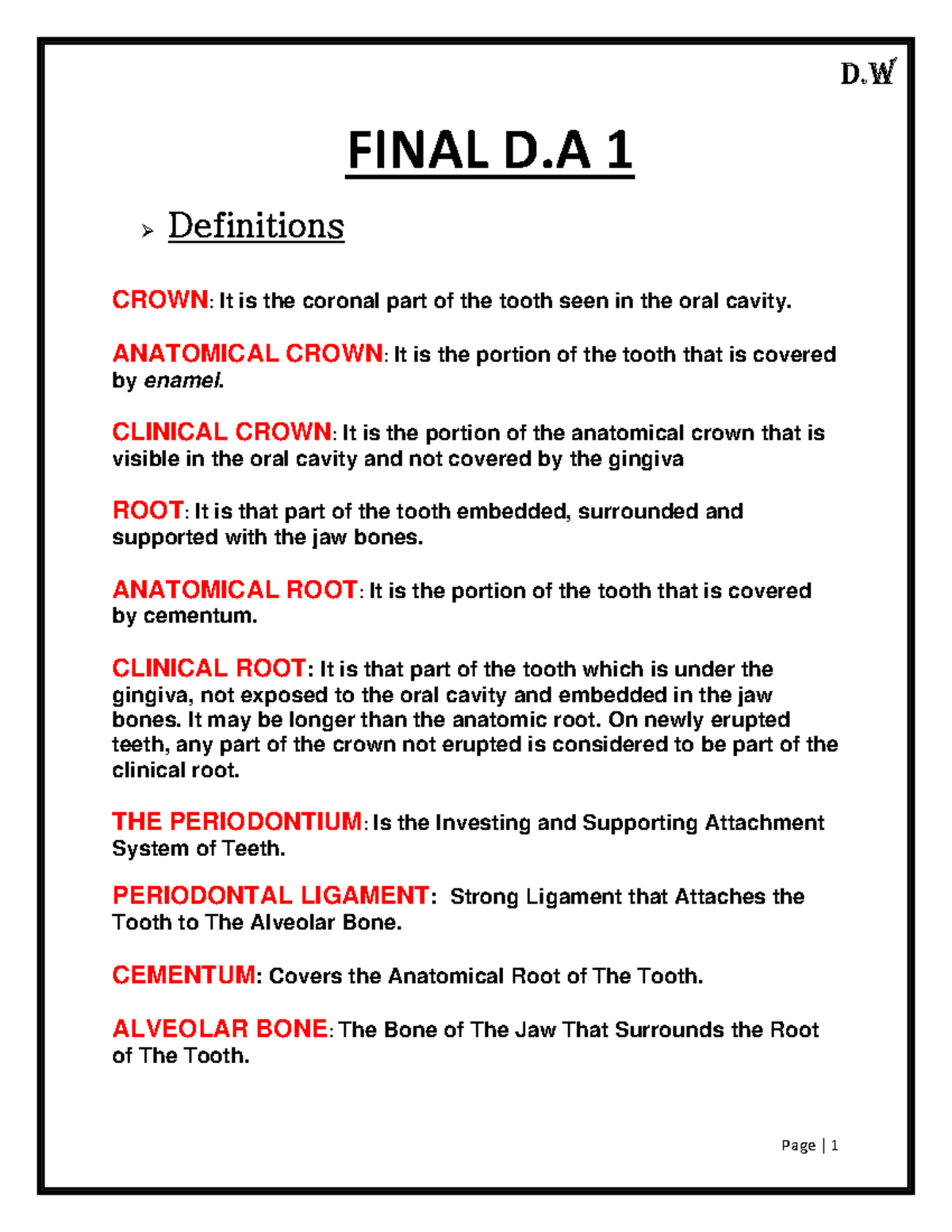 Questions and Answers for final (D.A 1) - FINAL D 1 Definitions CROWN ...