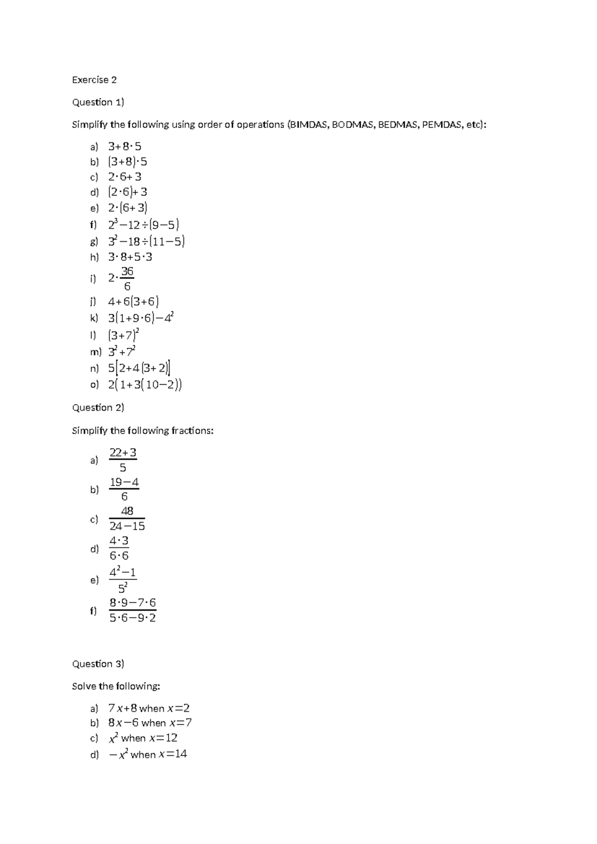 Worksheet for Practice - Exercise 2 Question 1) Simplify the following ...