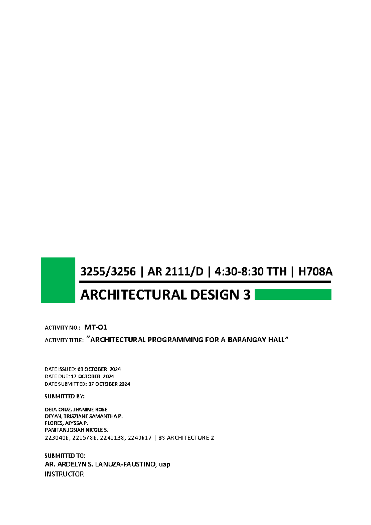 Architectural Programming FOR A Barangay HALL - 3255 /3 256 | AR 2 111 ...