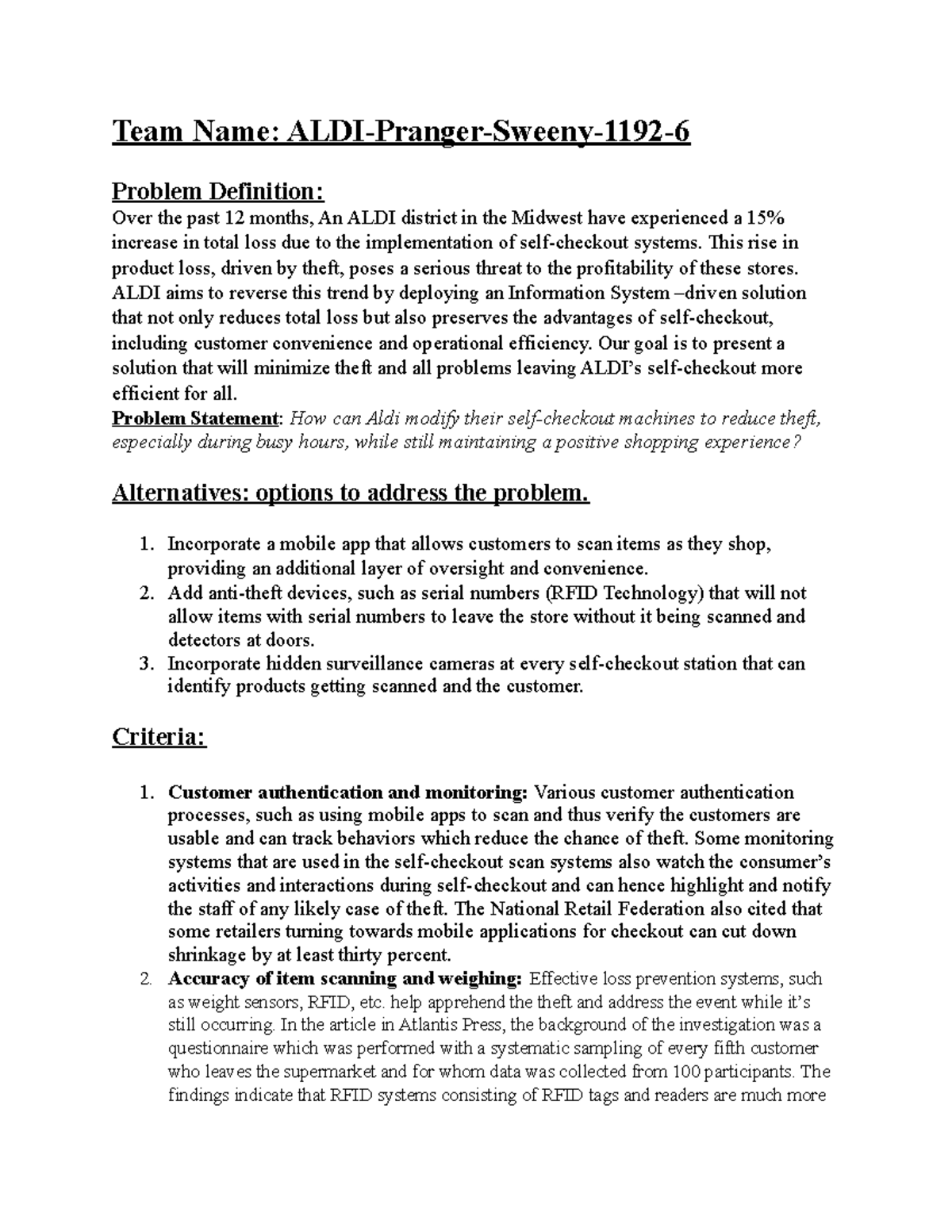ALDI Case Study: Solutions to Reduce Theft at Self-Checkout Systems - Studocu