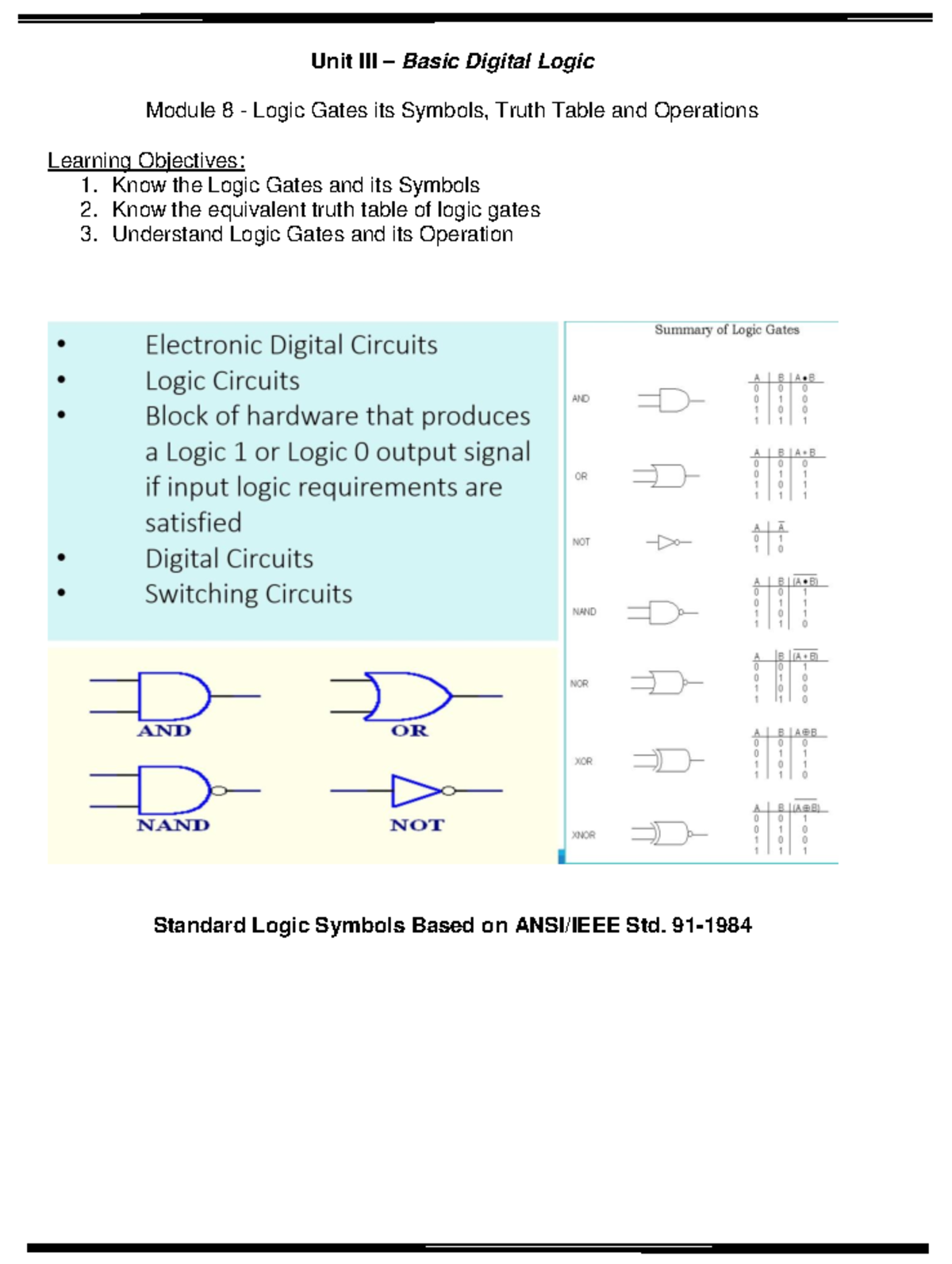 Module 8 - Logic Gates its Symbols, Truth Table and Operations ...