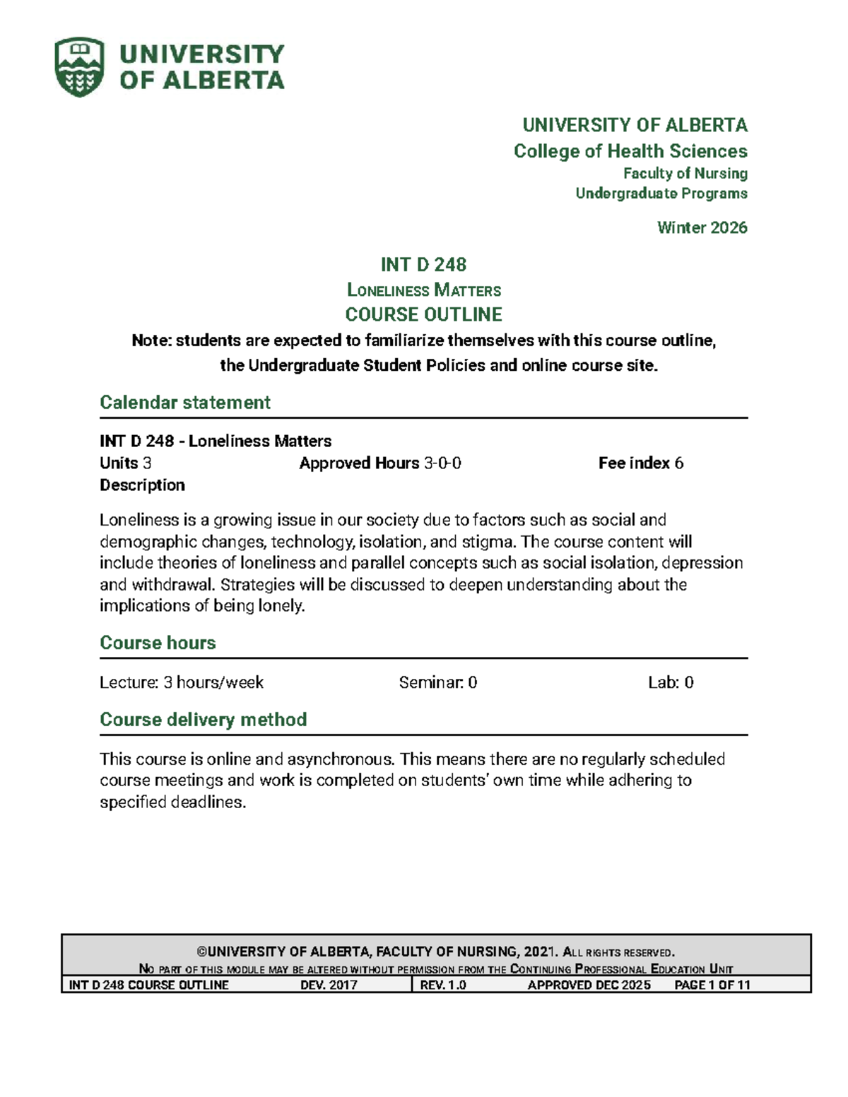 INT D 248 Winter 2026 Course Outline: Understanding Loneliness - Studocu