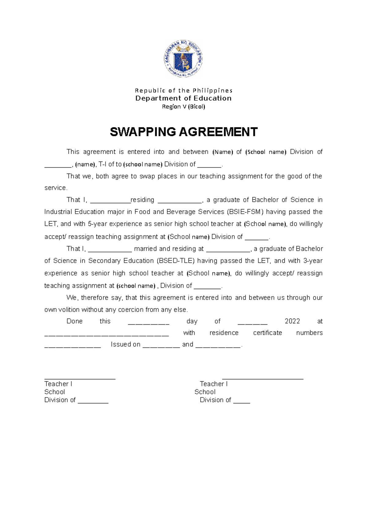 Swapping-Agreement - Swapping agreement in deped - R e p u b l i c o f ...