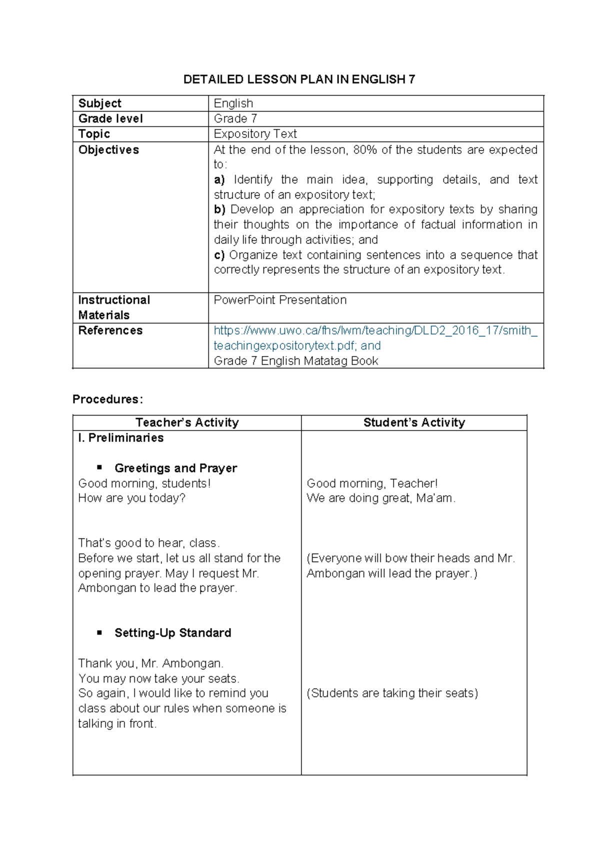 Final Lesson Plan for Expository Text - English 7 (DJ) - Studocu