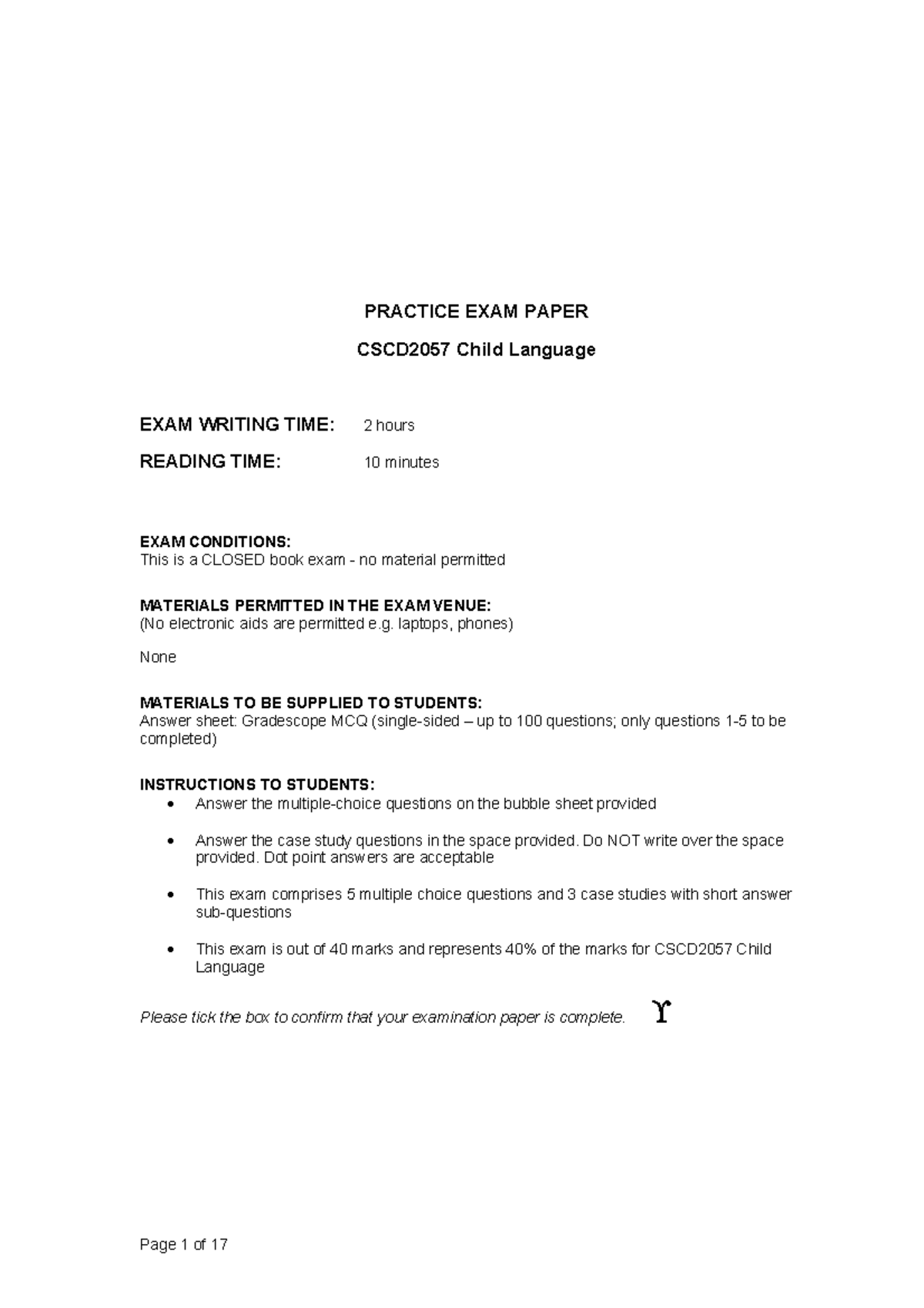 Practice Exam Paper for CSCD2057 Child Language - Studocu
