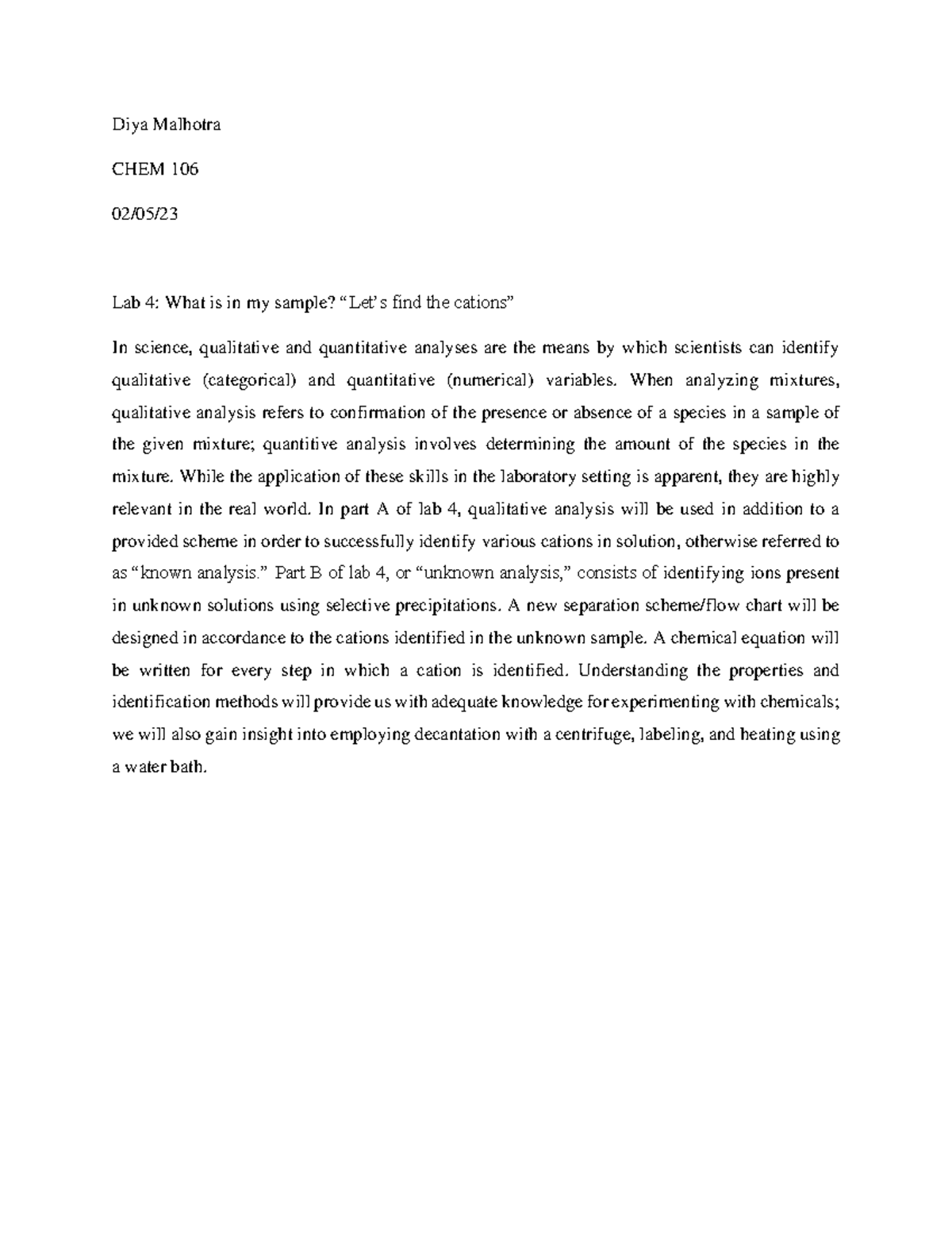 CHEM 106 Lab 4 Summary: Identifying Cations in Solutions - Studocu