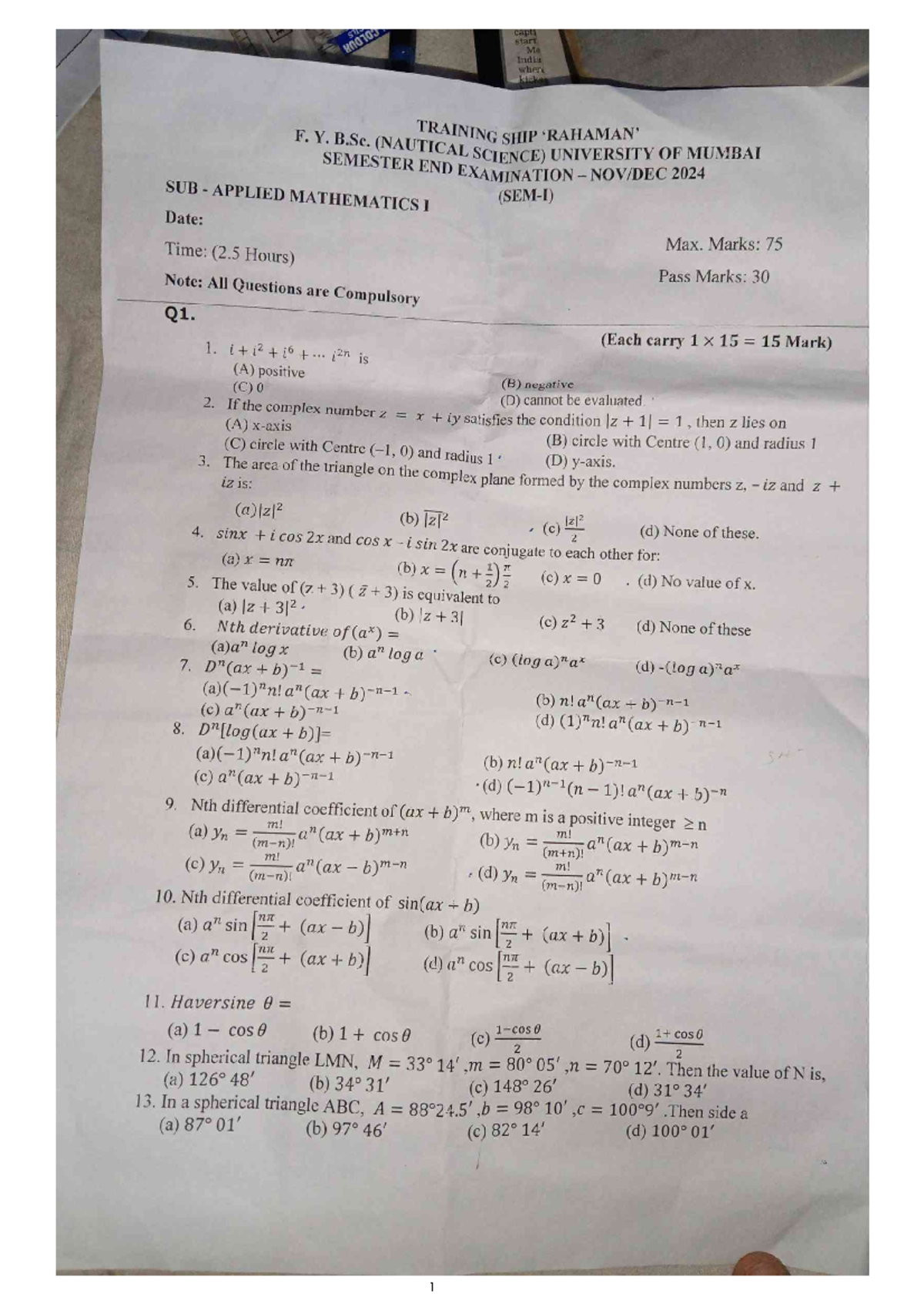 Applied Mathematics I - F.Y. B.Sc. (Nautical Science) SEM Exam 2024 ...
