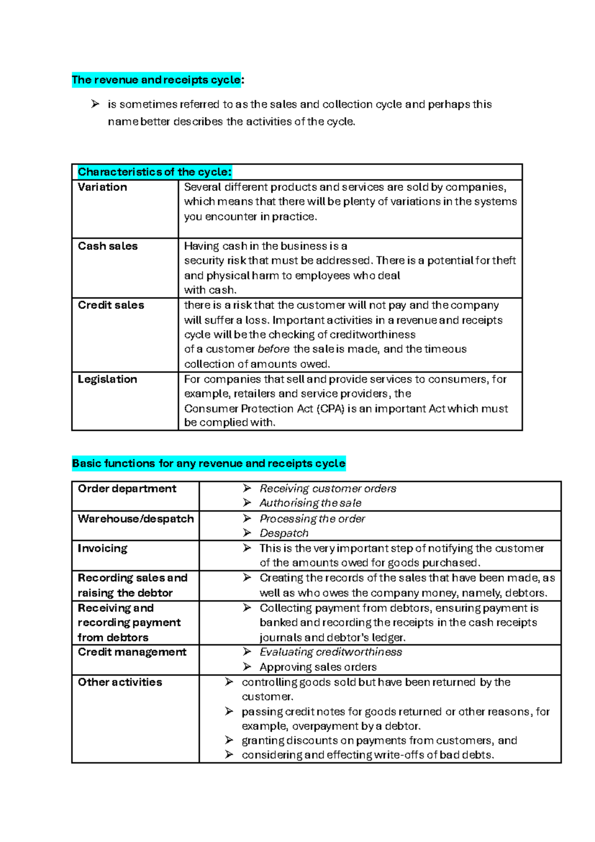 Revenue and Receipts Cycle Overview: Key Activities and Documents - Studocu