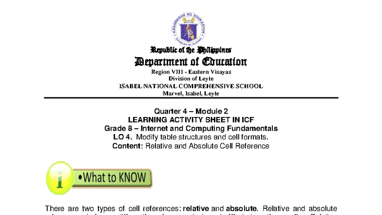 ICF Grade 8 Quarter 4 Module 2: Understanding Cell References - Studocu