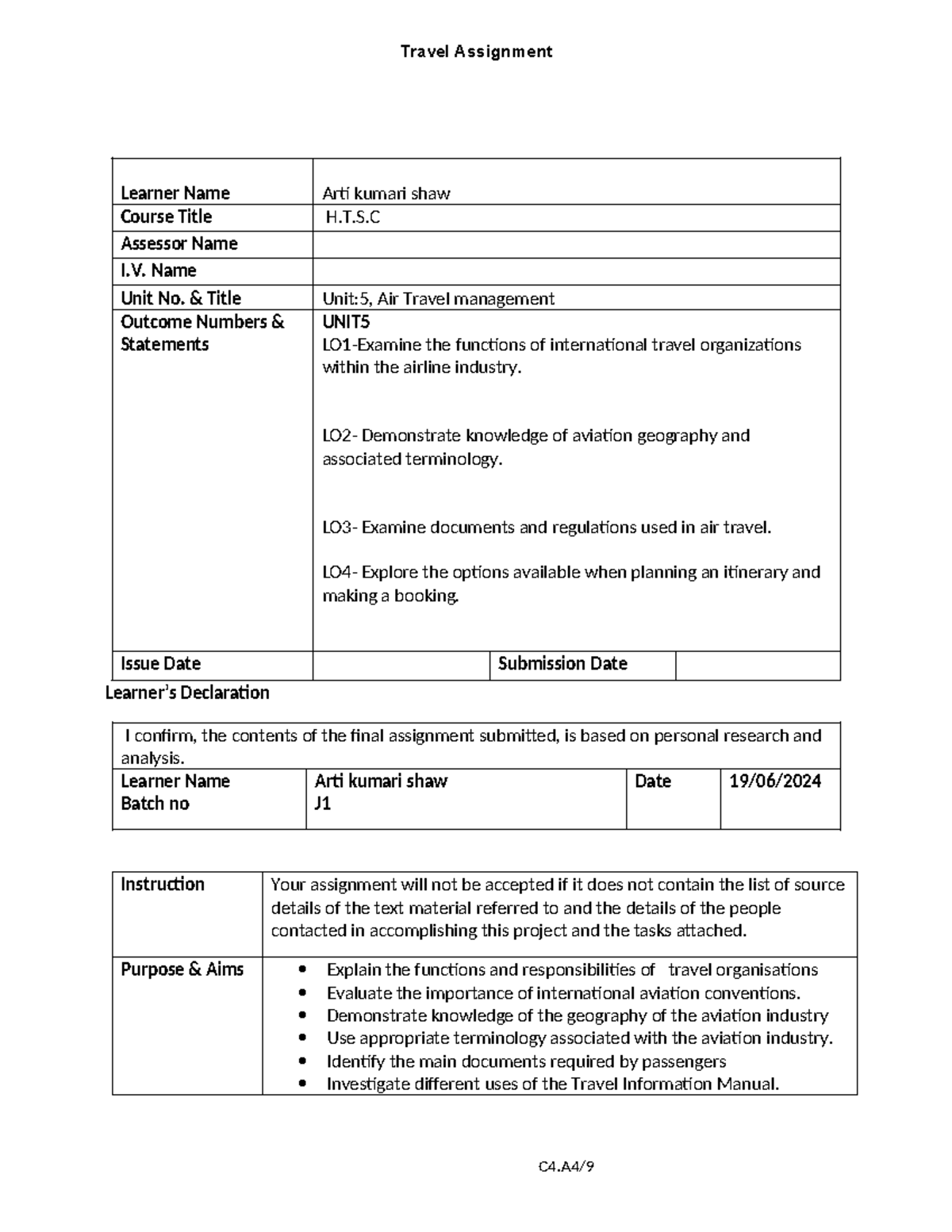 H.T.S.C Unit 5 Travel Assignment - Air Travel Management Overview - Studocu