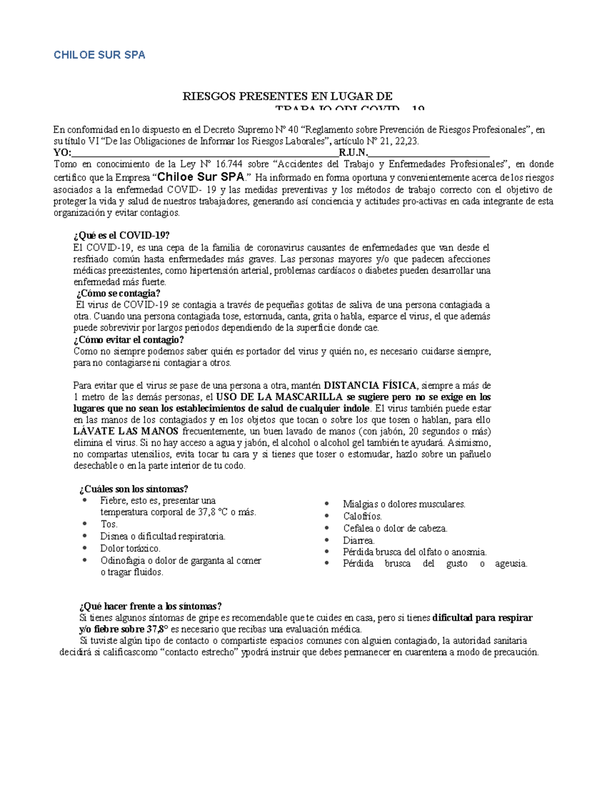 Obligación de Informar sobre COVID-19 en el Trabajo - Doc. COVID-19 ...